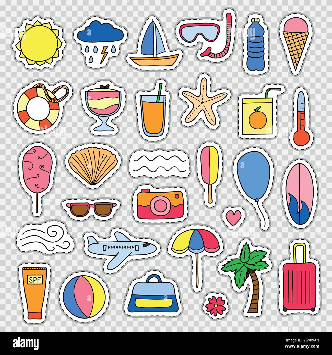 Set of different colorful summer stickers, patches and pins isolated on ...