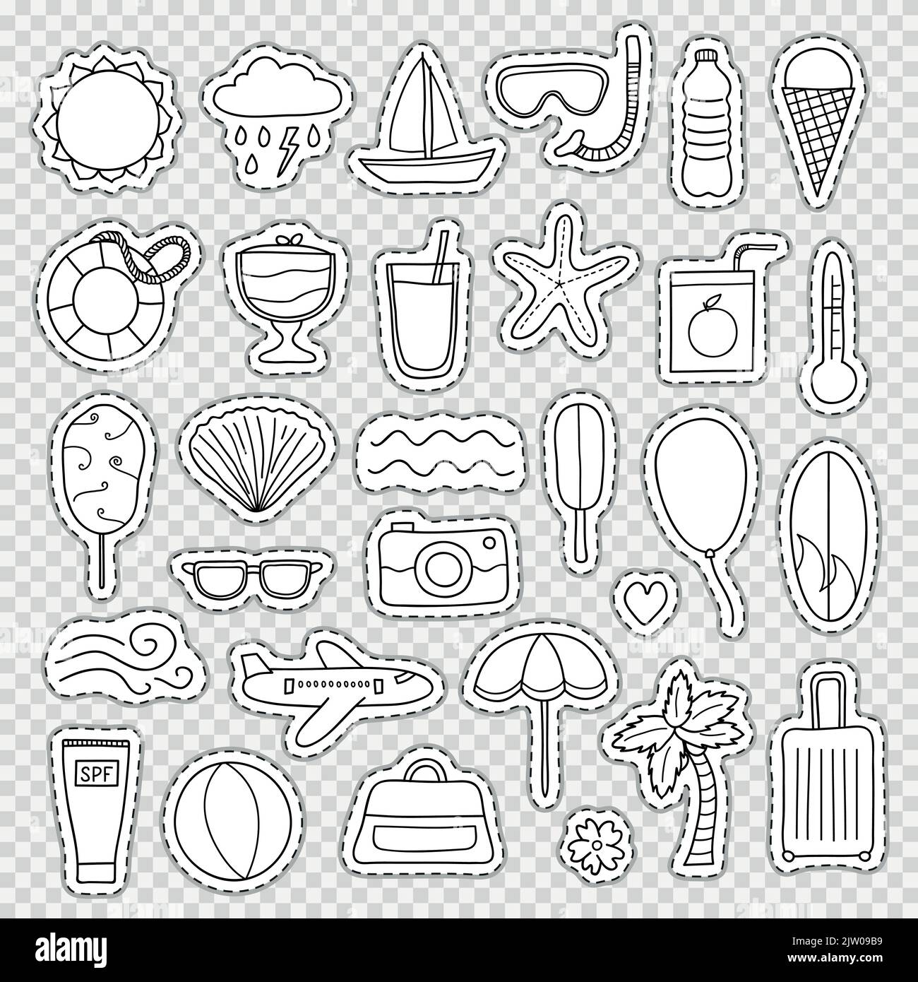 Set of different uncolored summer stickers, patches and pins isolated ...