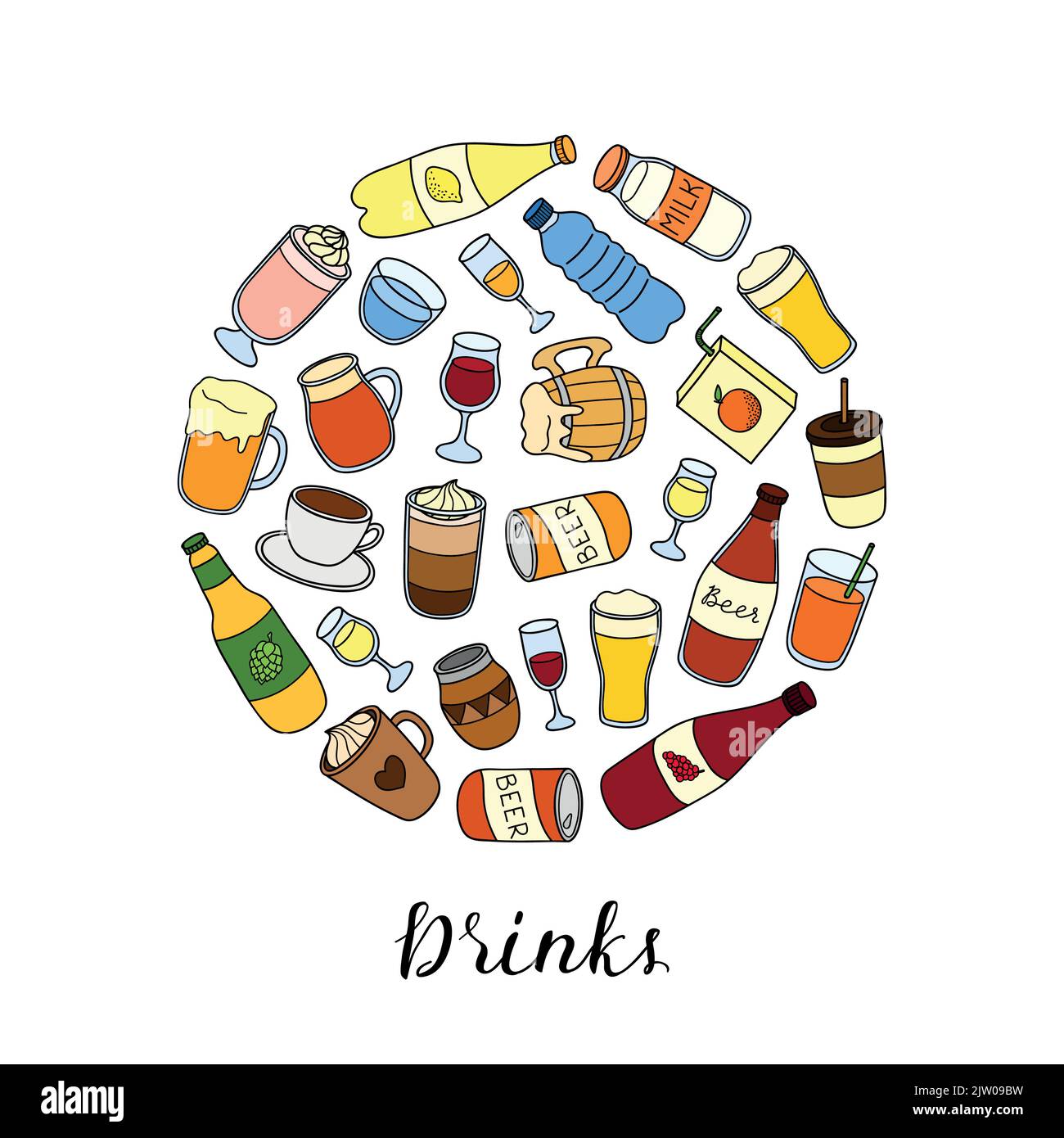 Different hand drawn colorful liquid drinks composed in circle shape ...