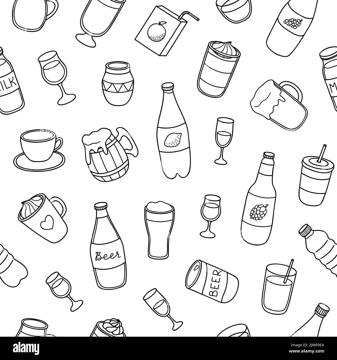 Black and white seamless pattern with different hand drawn outline liquid drinks Stock Vector ...