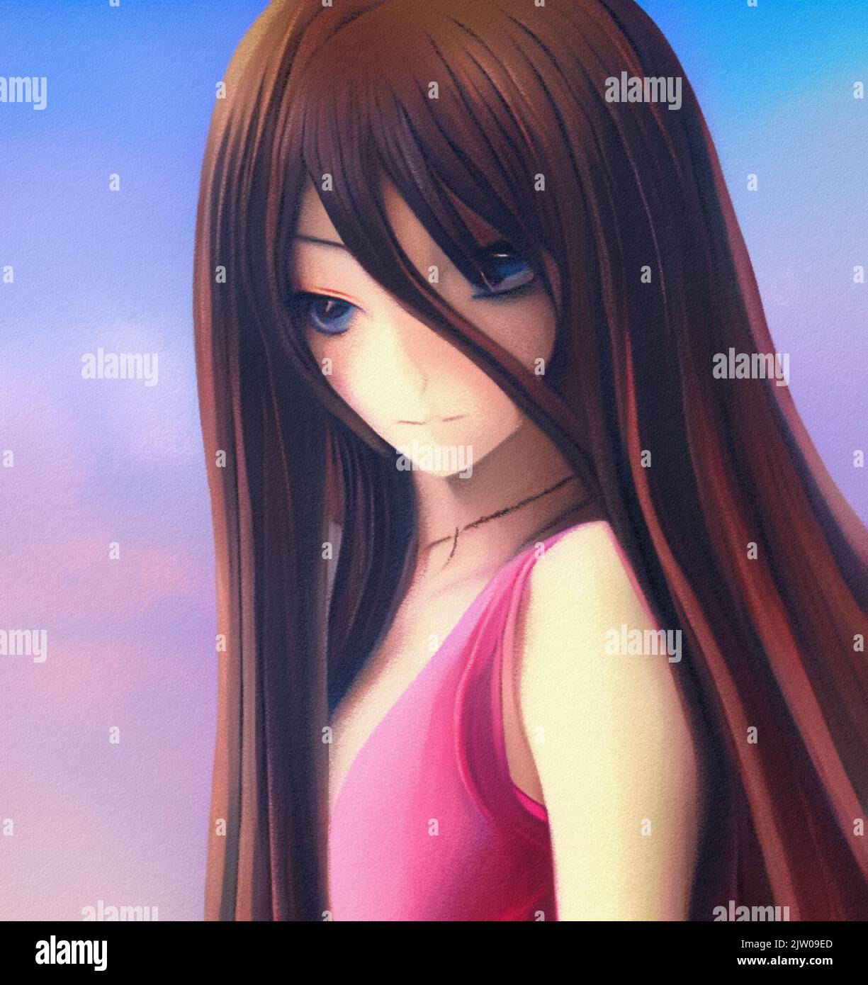 Pretty anime girl portrait. Beautiful woman oil painting print. Fantasy ...