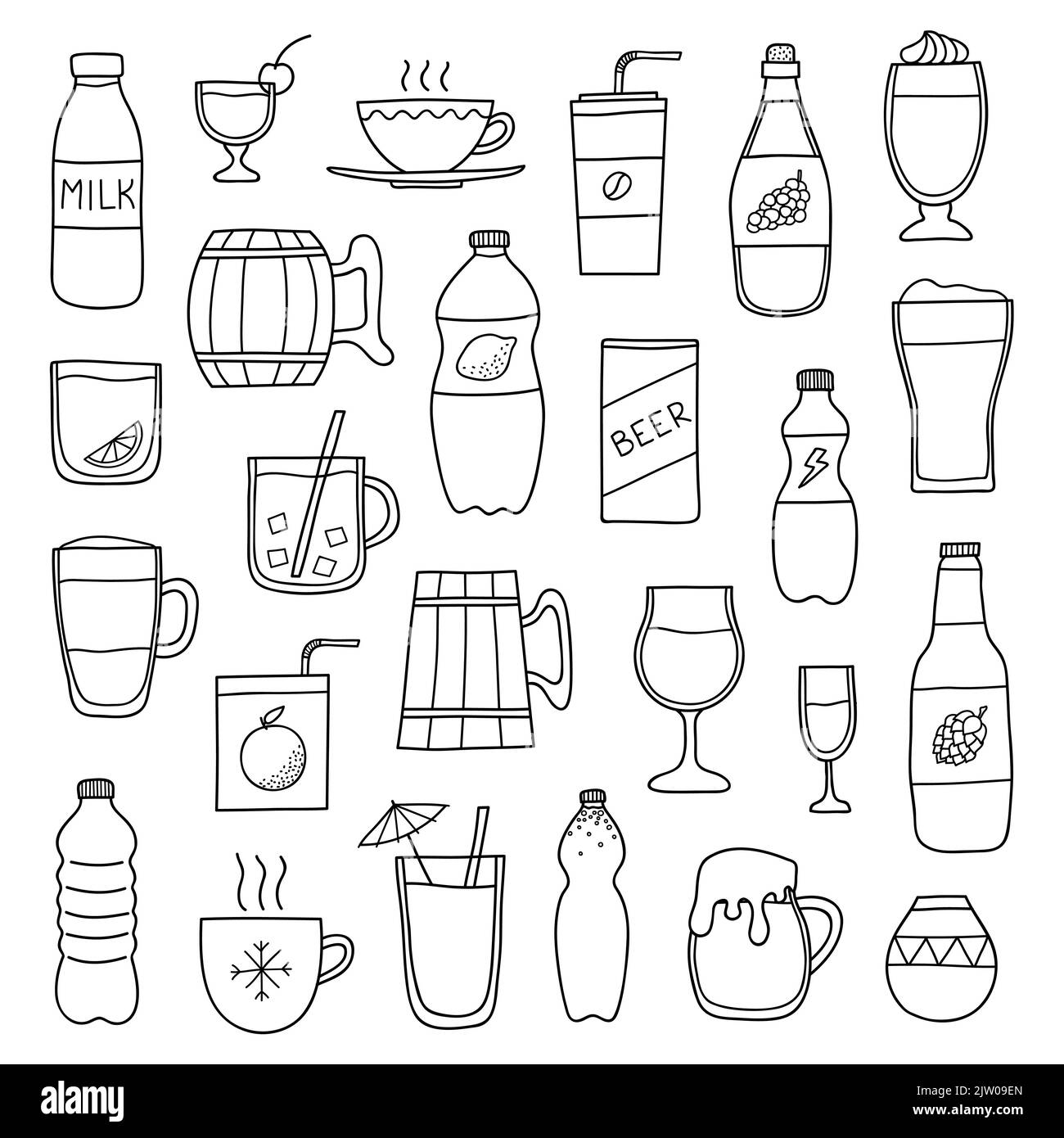 Set of different doodle outline liquid drinks isolated on white ...
