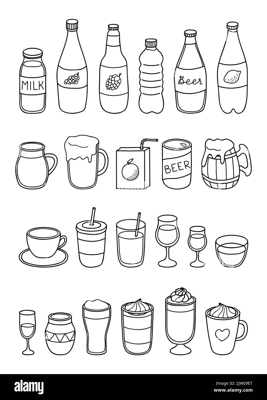Set of different hand drawn outline liquid drinks isolated on white ...