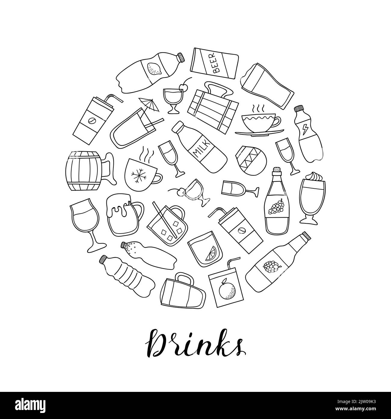 Different doodle outline liquid drinks composed in circle shape with lettering Stock Vector ...