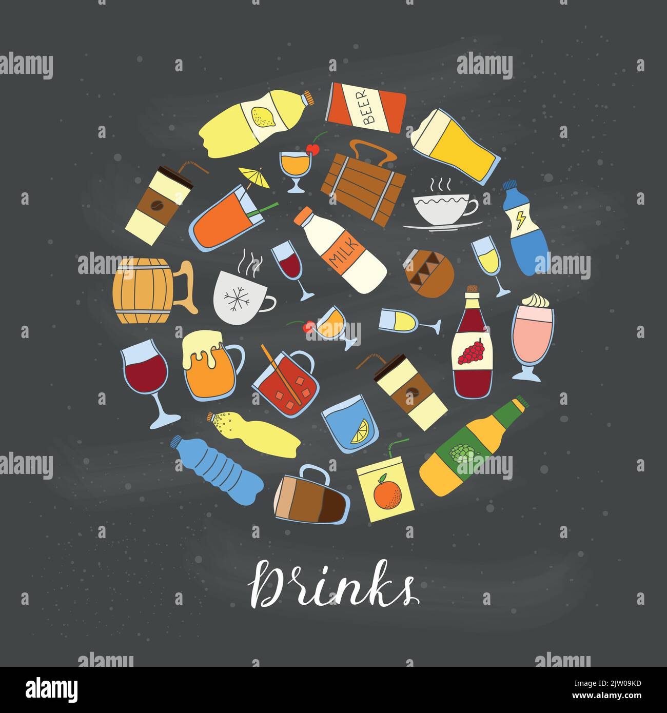 Different doodle colorful liquid drinks composed in circle shape with ...