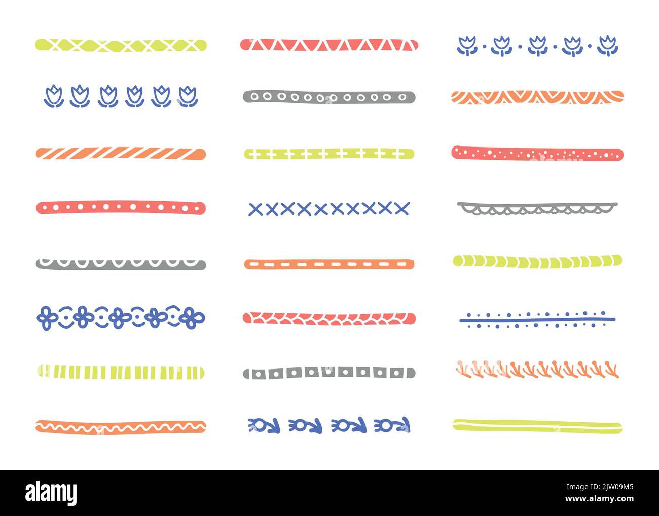 Set of colorful hand drawn different line borders and dividers in ...