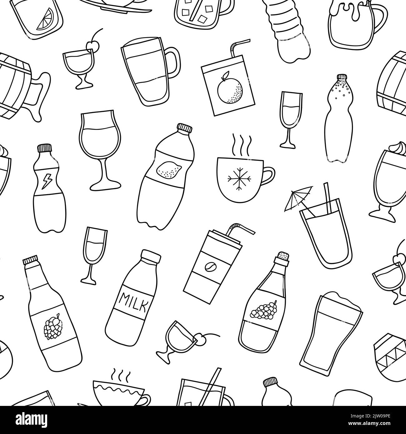 Black and white seamless pattern with different doodle outline liquid drinks Stock Vector Image ...