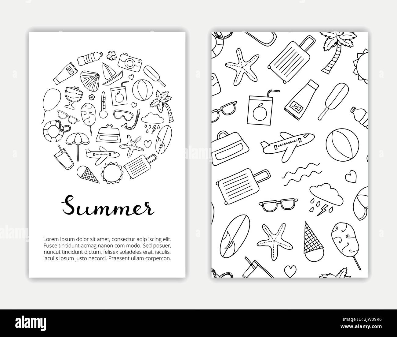 Card templates with doodle outline summer and vacation items. Used ...