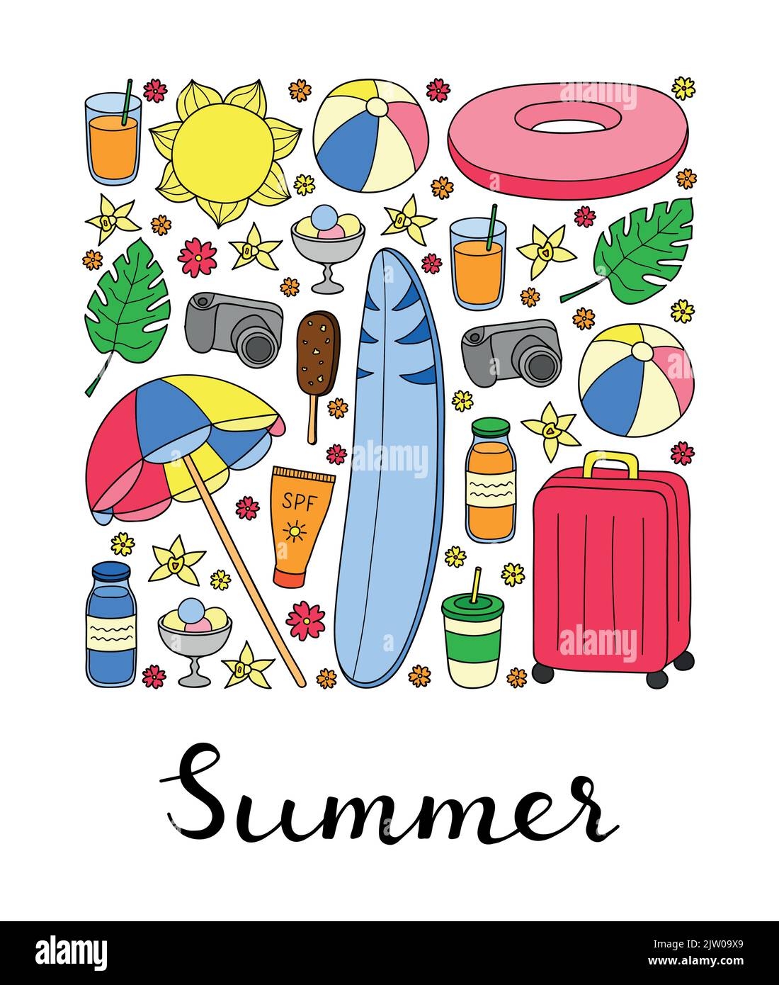 Hand drawn colored summer and vacation items composed in square shape ...