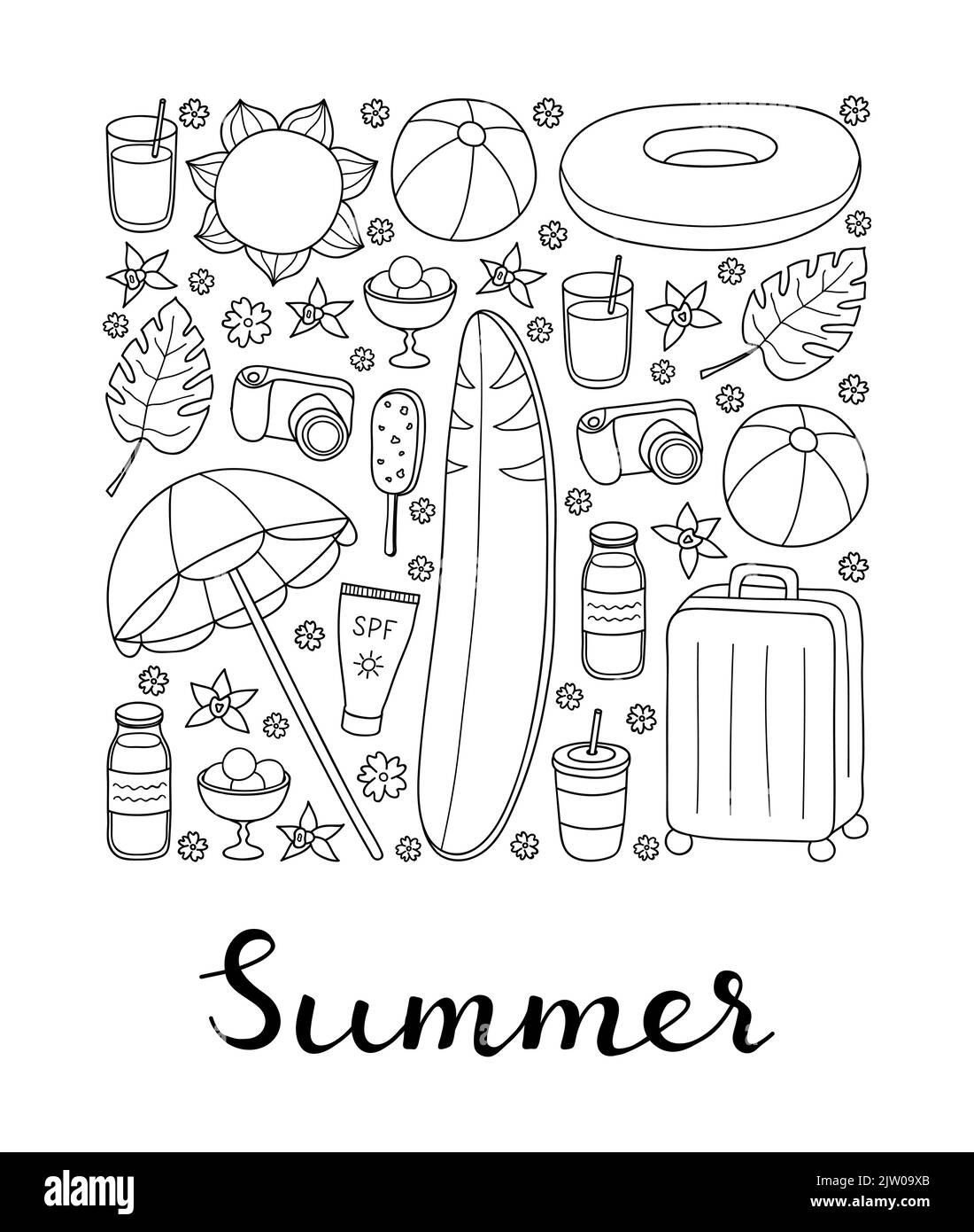 Hand drawn outline summer and vacation items composed in square shape ...