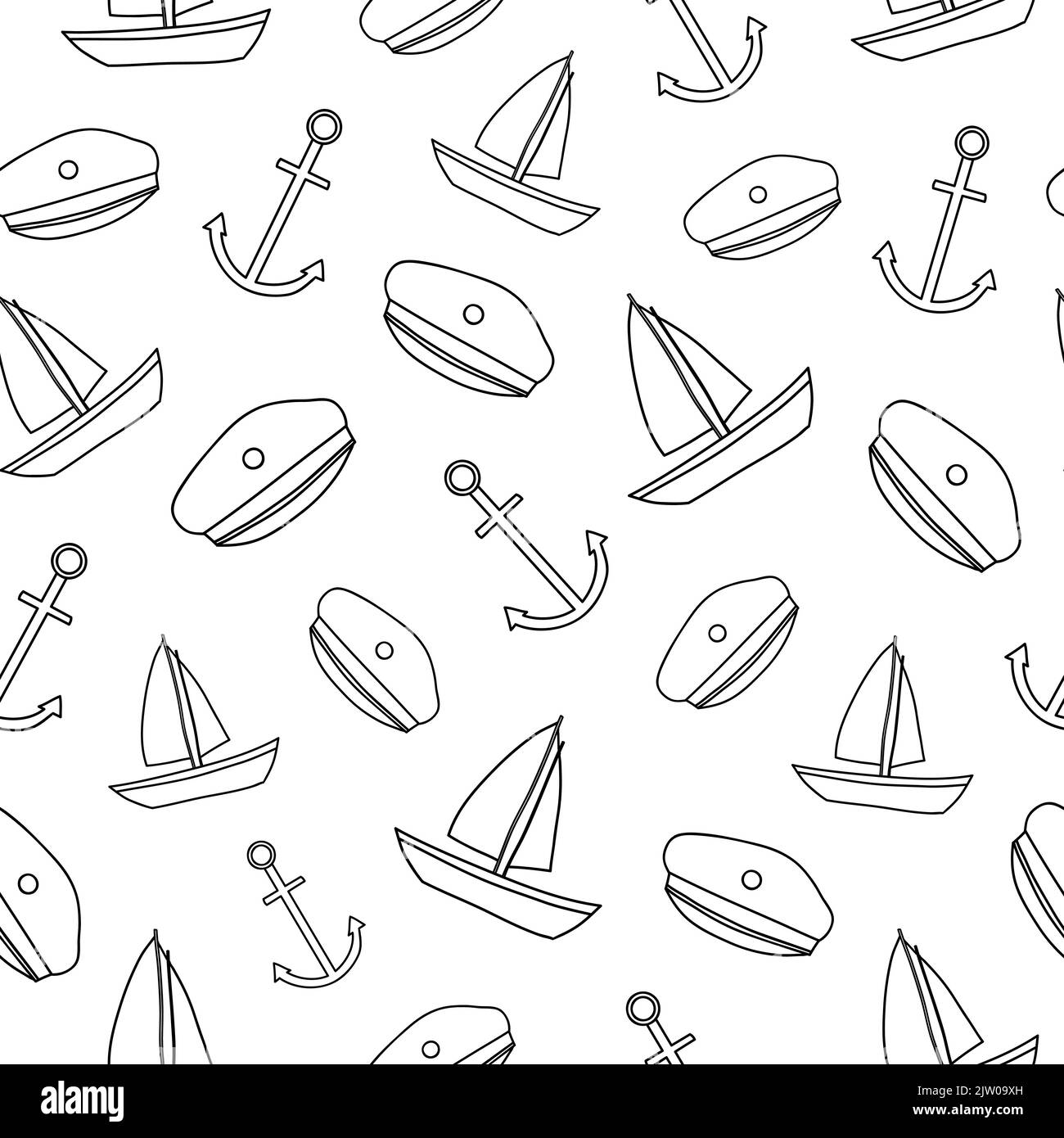 Black and white seamless pattern with outline doodle sea items Stock ...