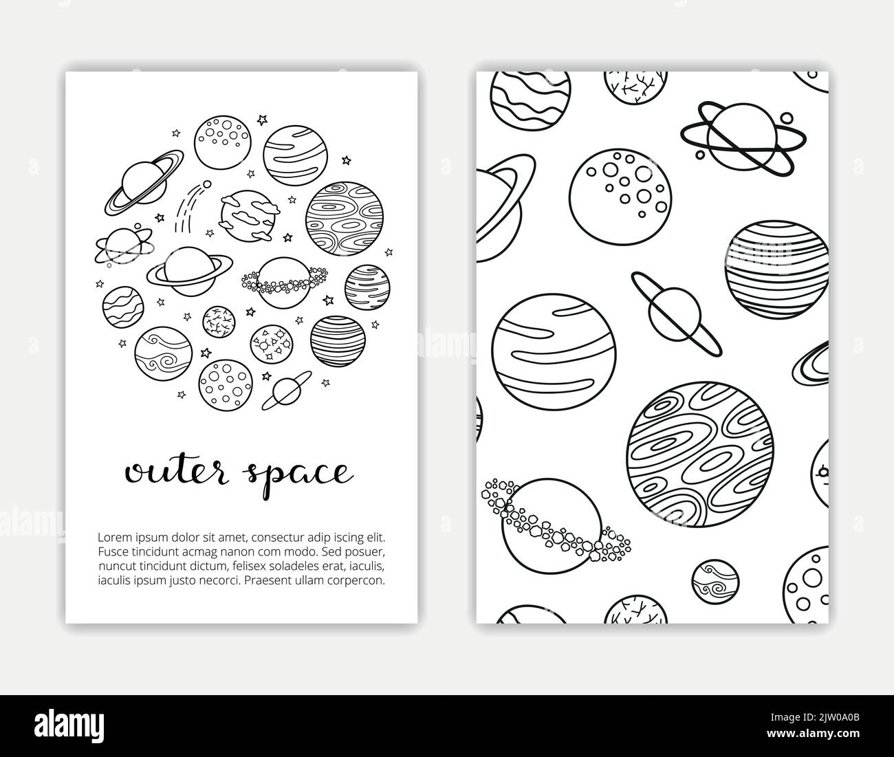 Card templates with doodle outline fantastic space planets. Used ...