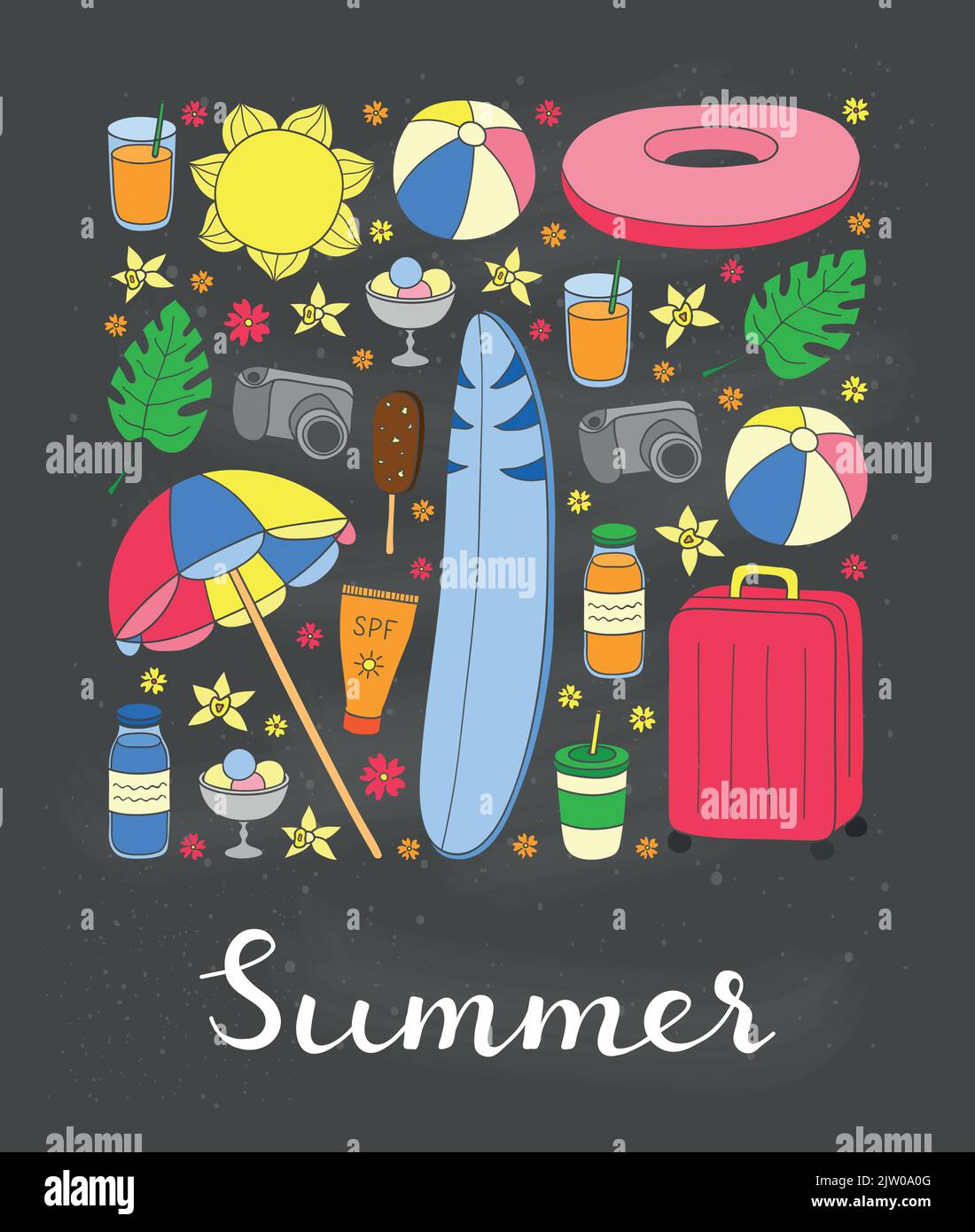 Hand drawn colored summer and vacation items composed in square shape ...