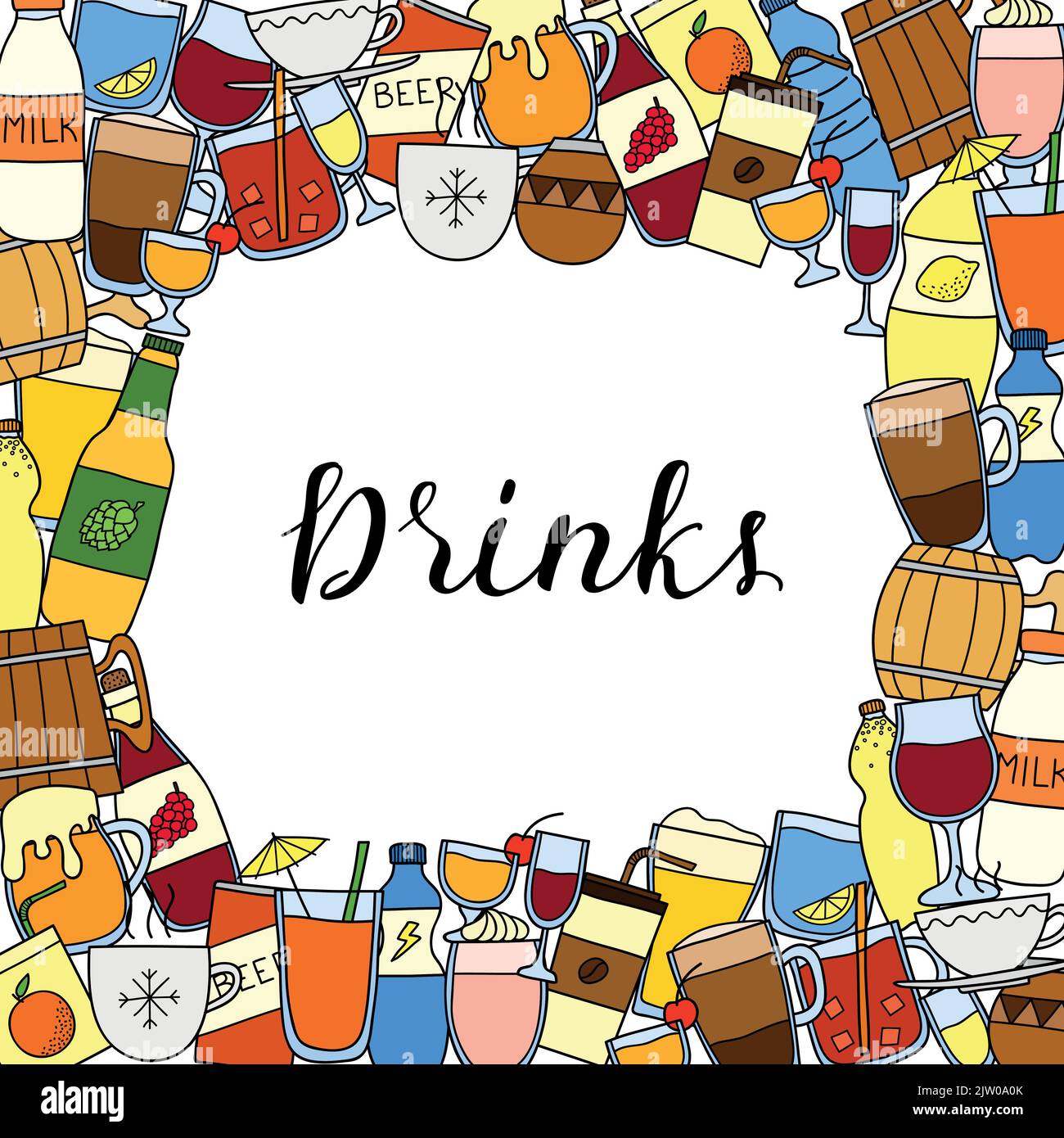Square background with different doodle colored liquid drinks and ...