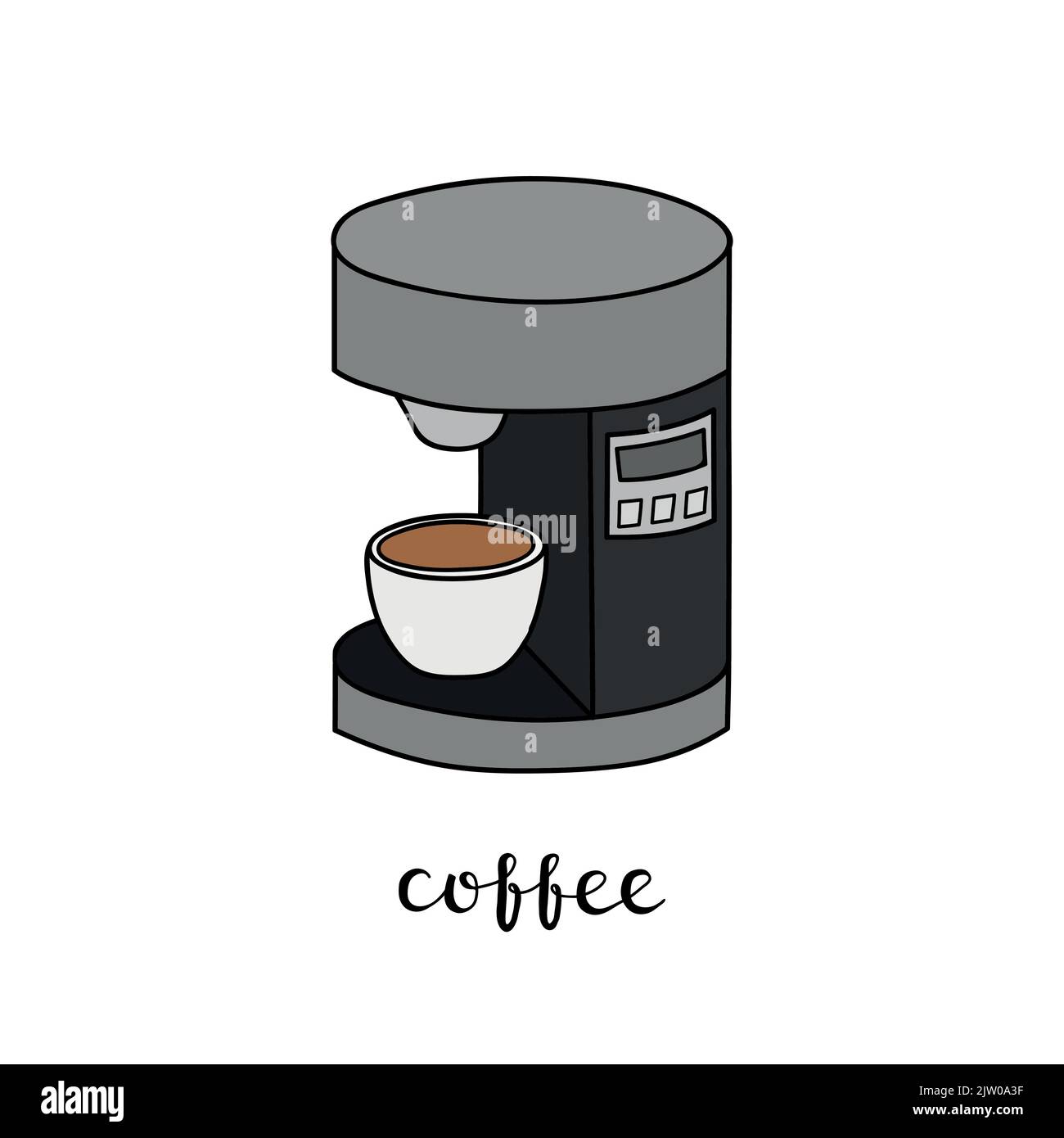 Hand drawn colored coffee machine with lettering isolated on white ...