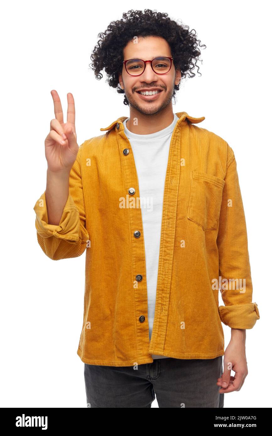 happy smiling man in glasses showing peace gesture Stock Photo - Alamy