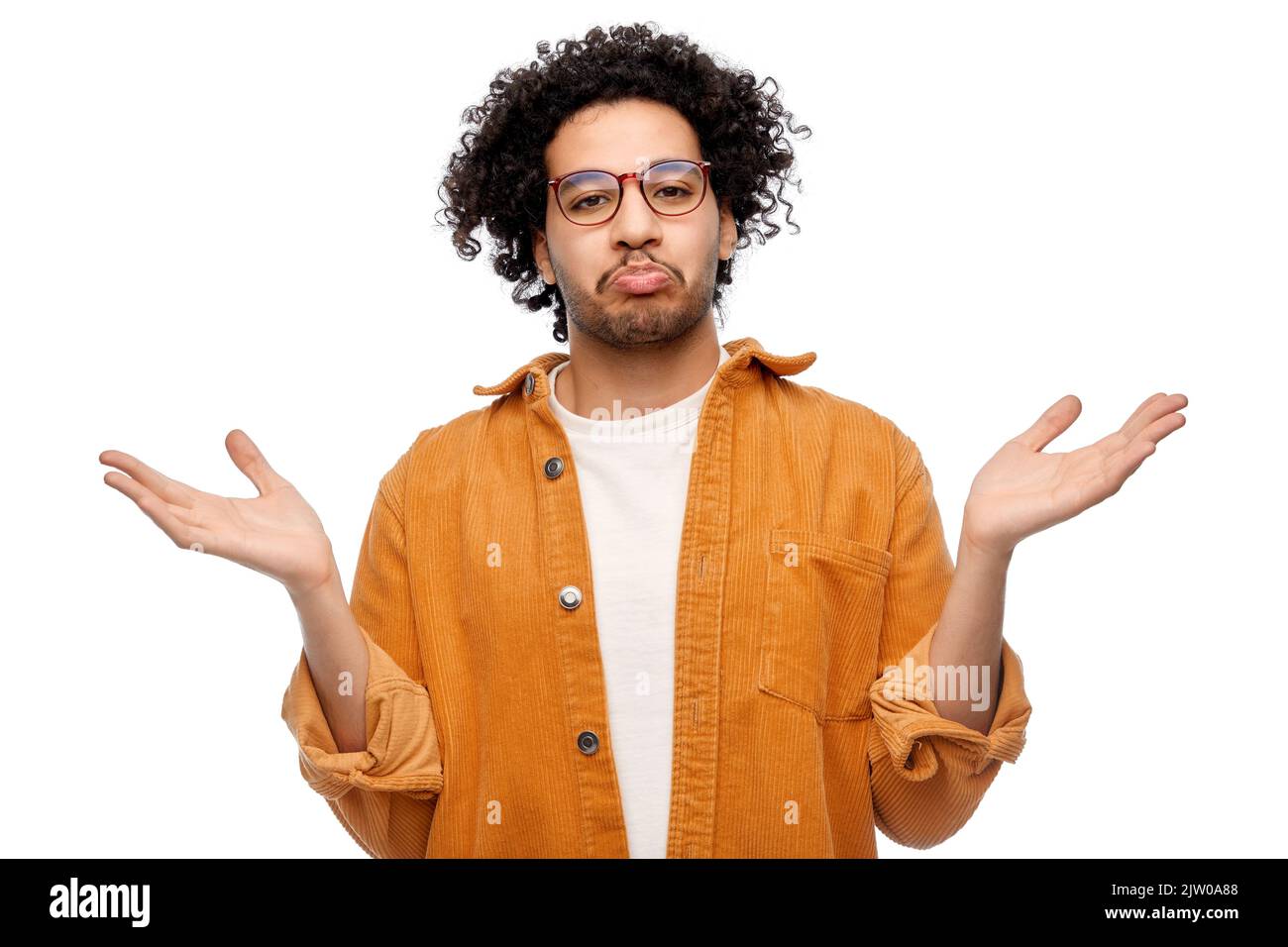 confused man in yellow jacket shrugging Stock Photo - Alamy