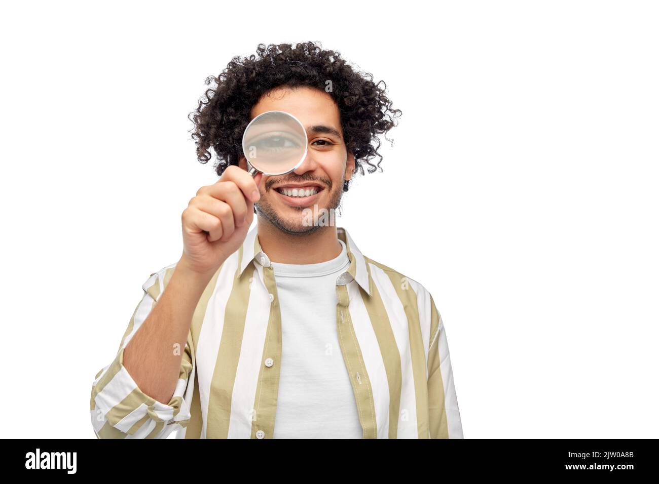 happy man looking through magnifying glass Stock Photo - Alamy