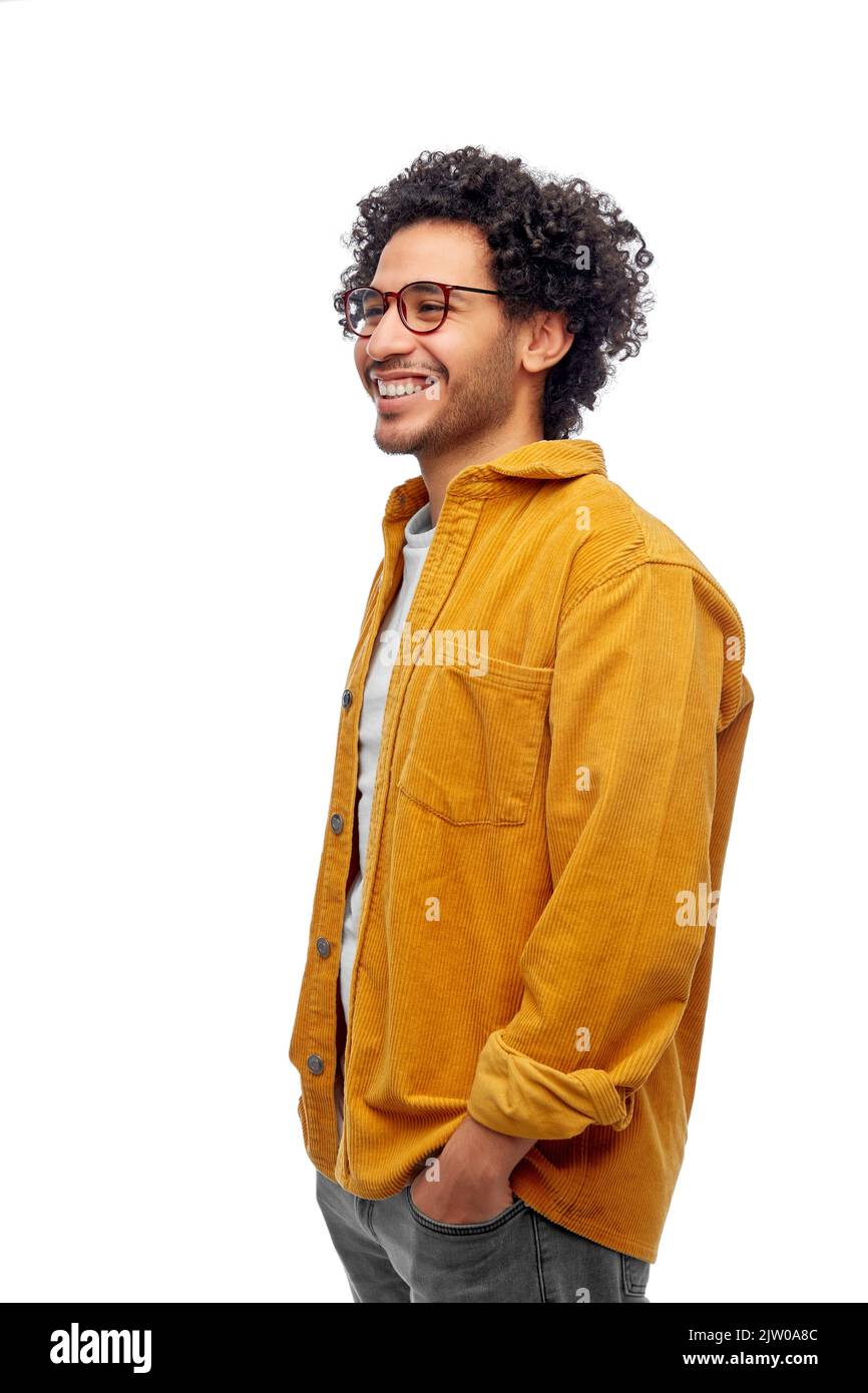 happy smiling man in glasses and yellow jacket Stock Photo - Alamy