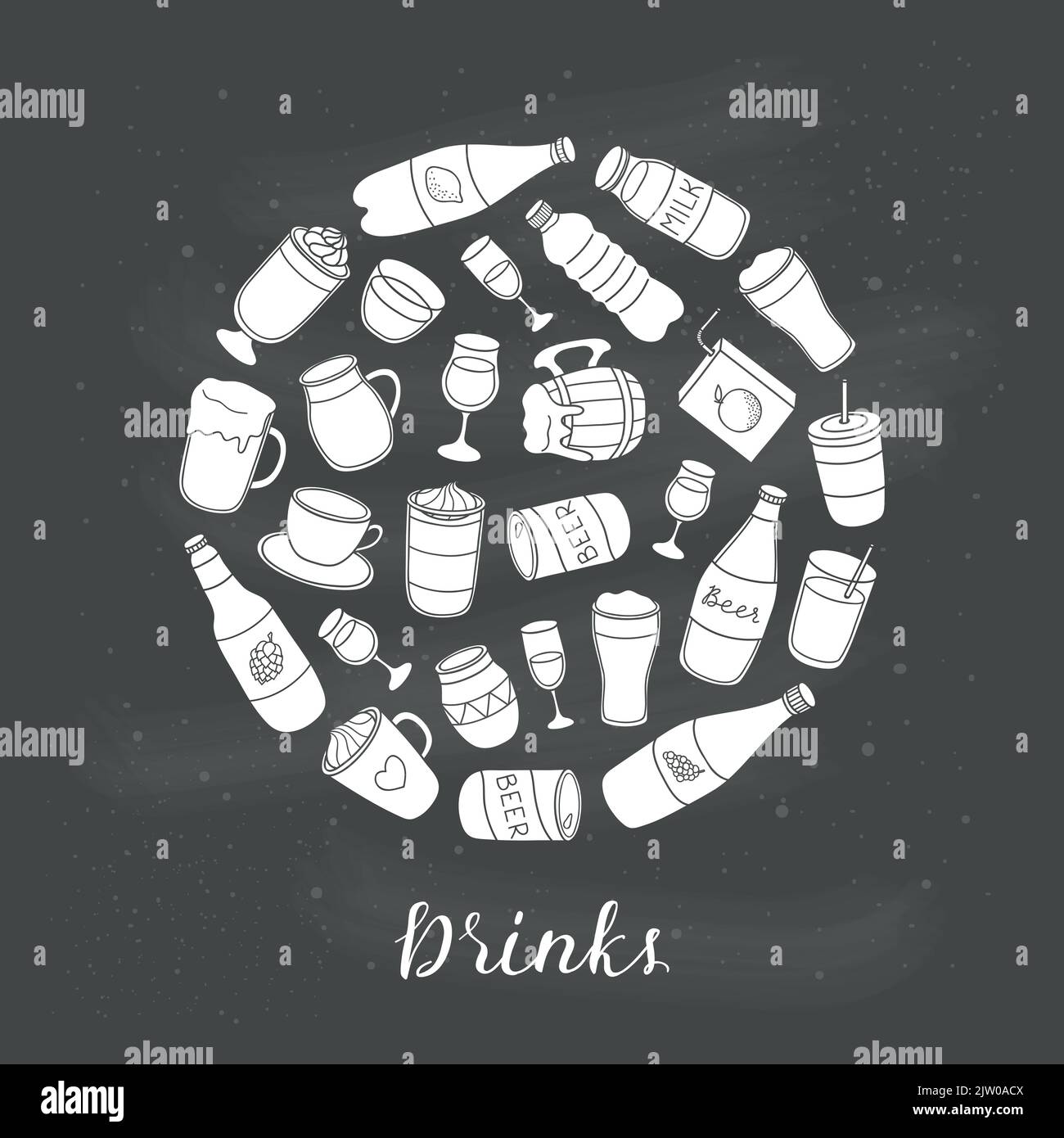 Different hand drawn liquid drinks composed in circle shape with ...