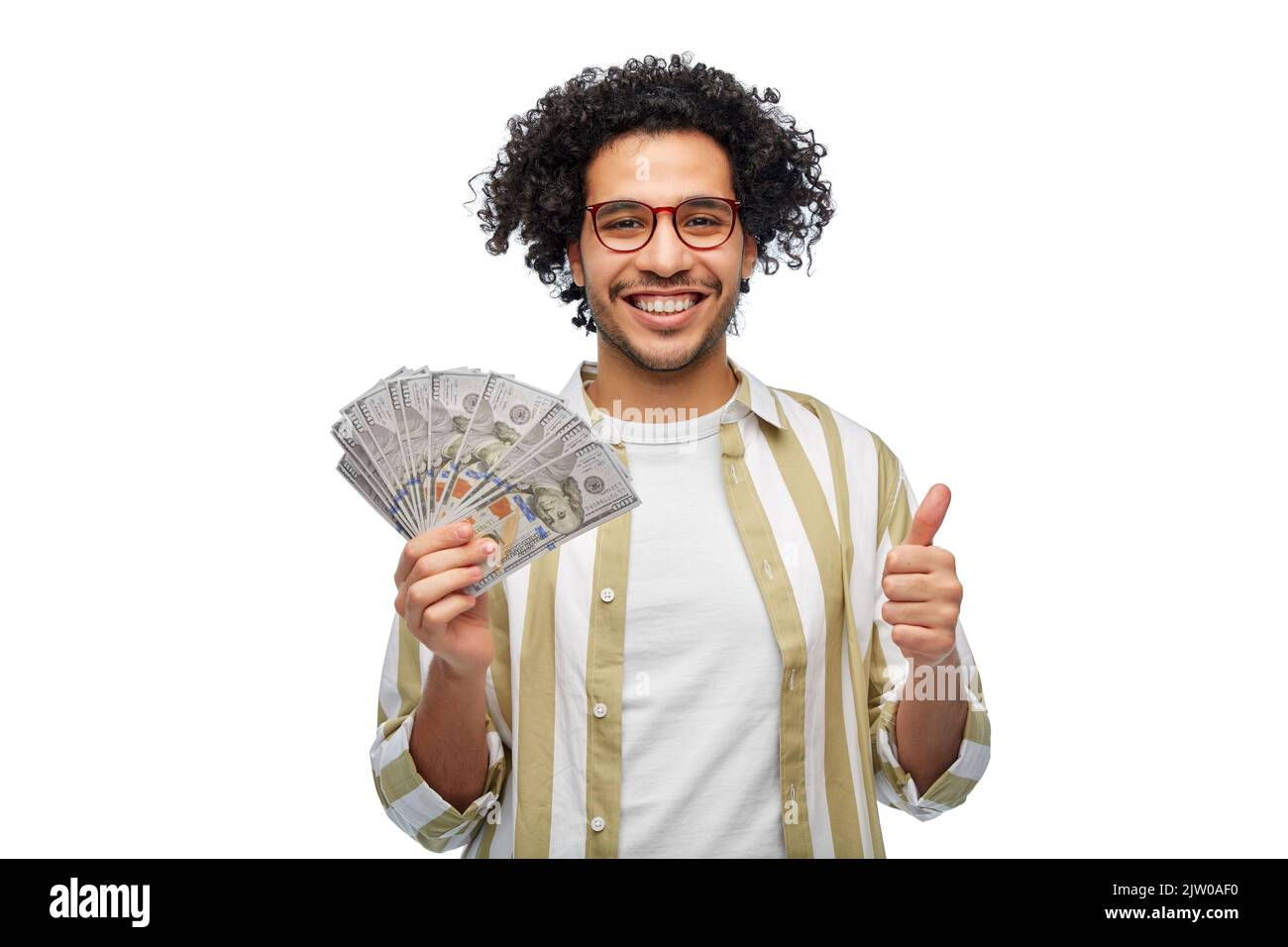 happy man with dollar money showing thumbs up Stock Photo - Alamy