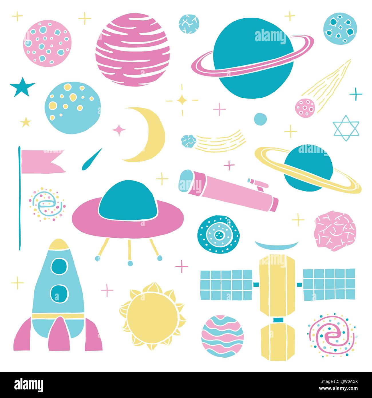 Set of hand drawn colorful space items isolated on white background ...