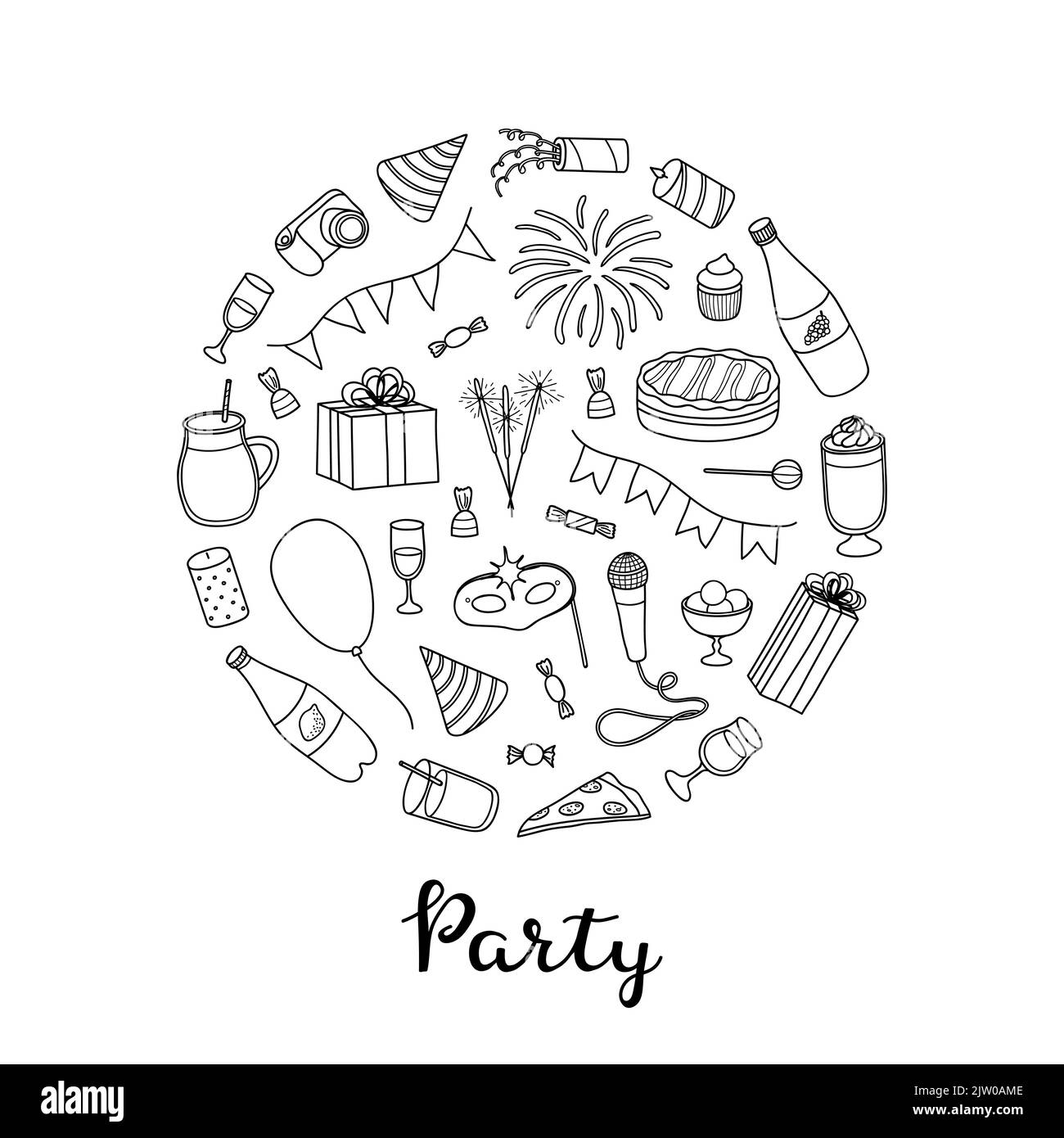 Hand drawn outline party items composed in circle shape with lettering ...
