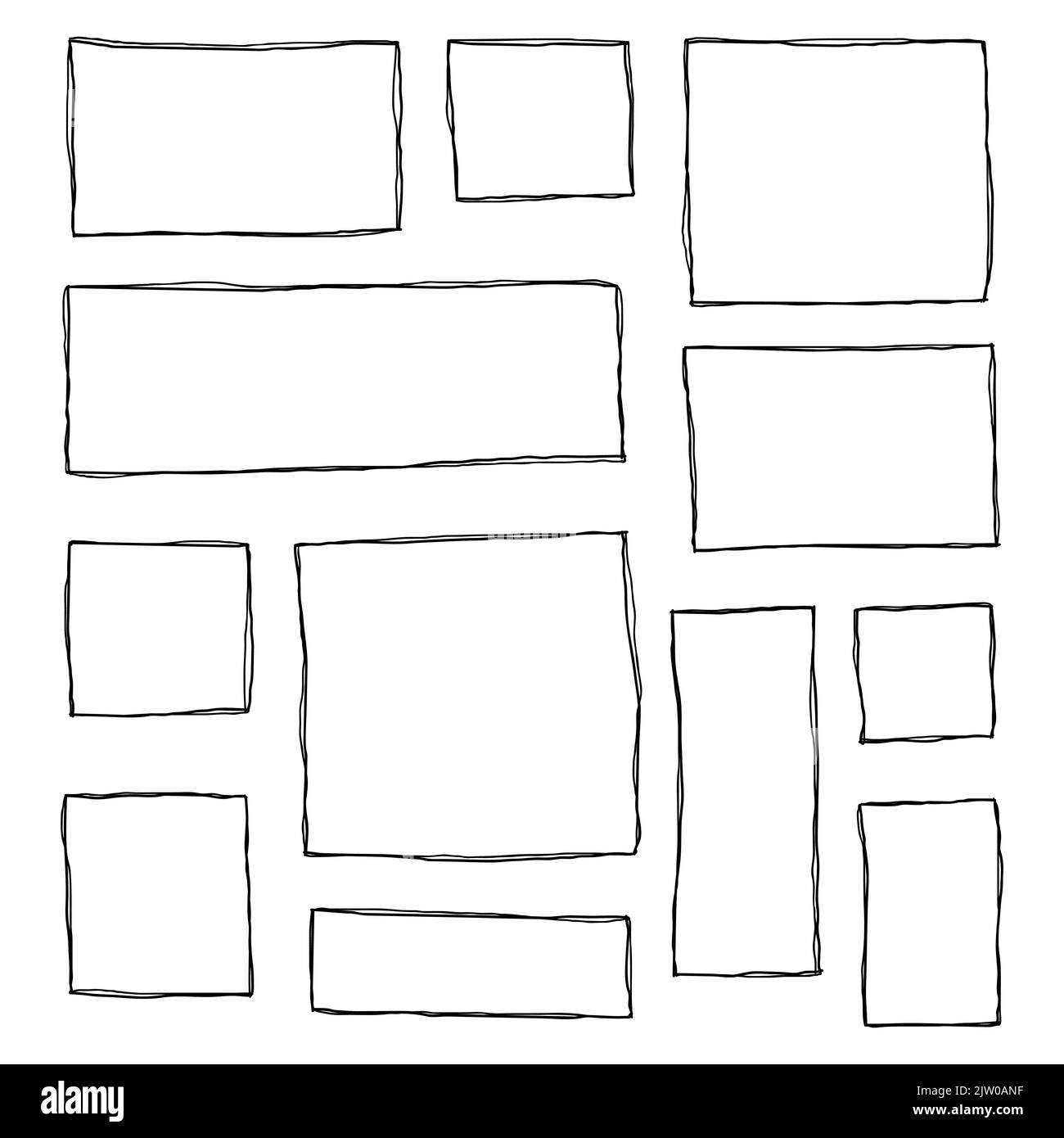 Set of hand drawn sketched square frames isolated on white background ...