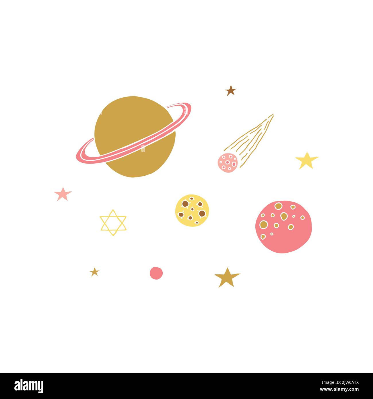 Composition of hand drawn colorful space planets, asteroid and stars ...