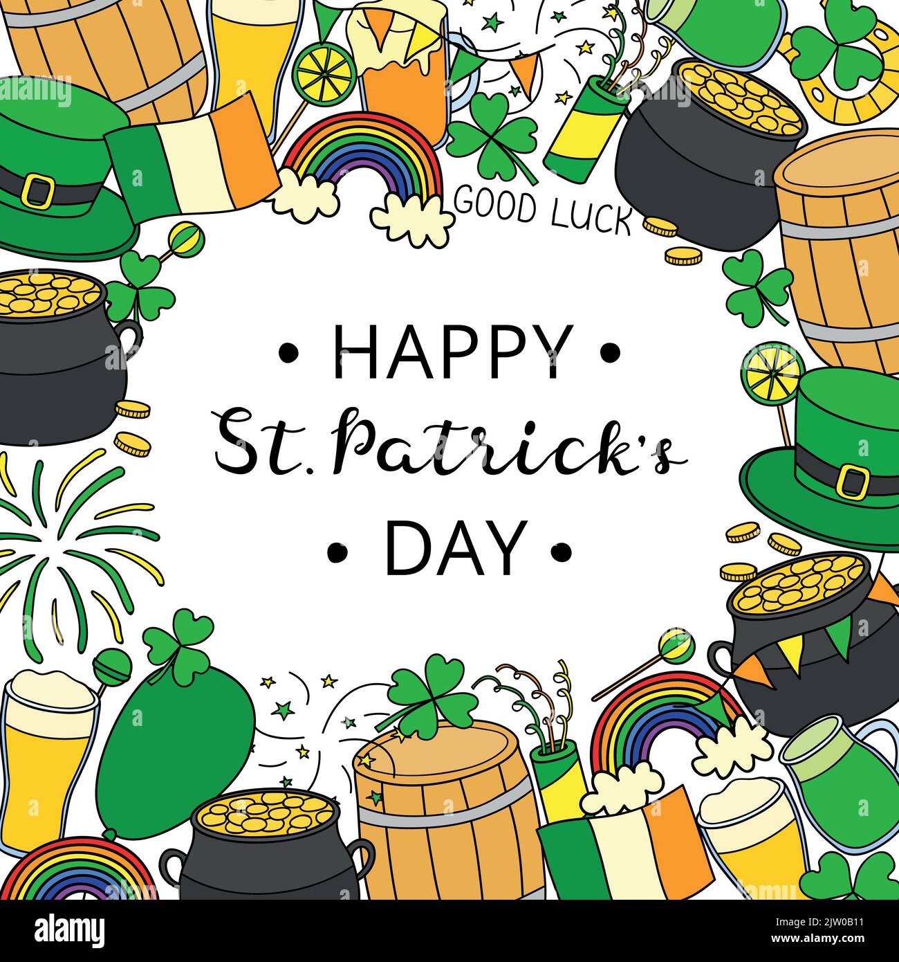 Square background with lettering and hand drawn colorful items for ...