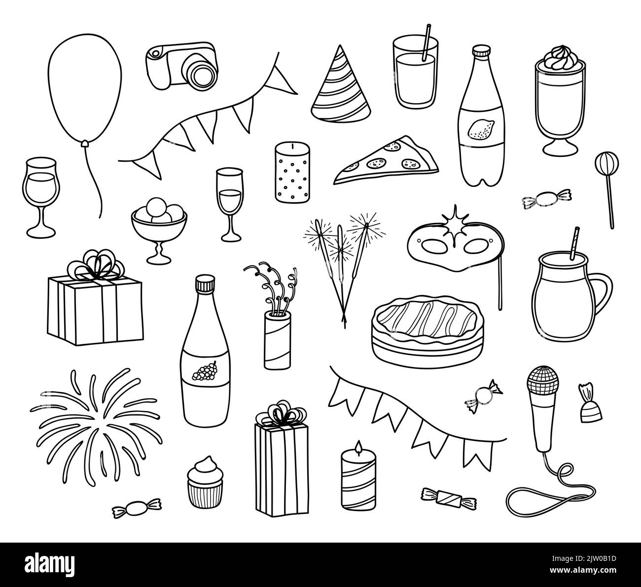 Set of hand drawn outline party items isolated on white background ...