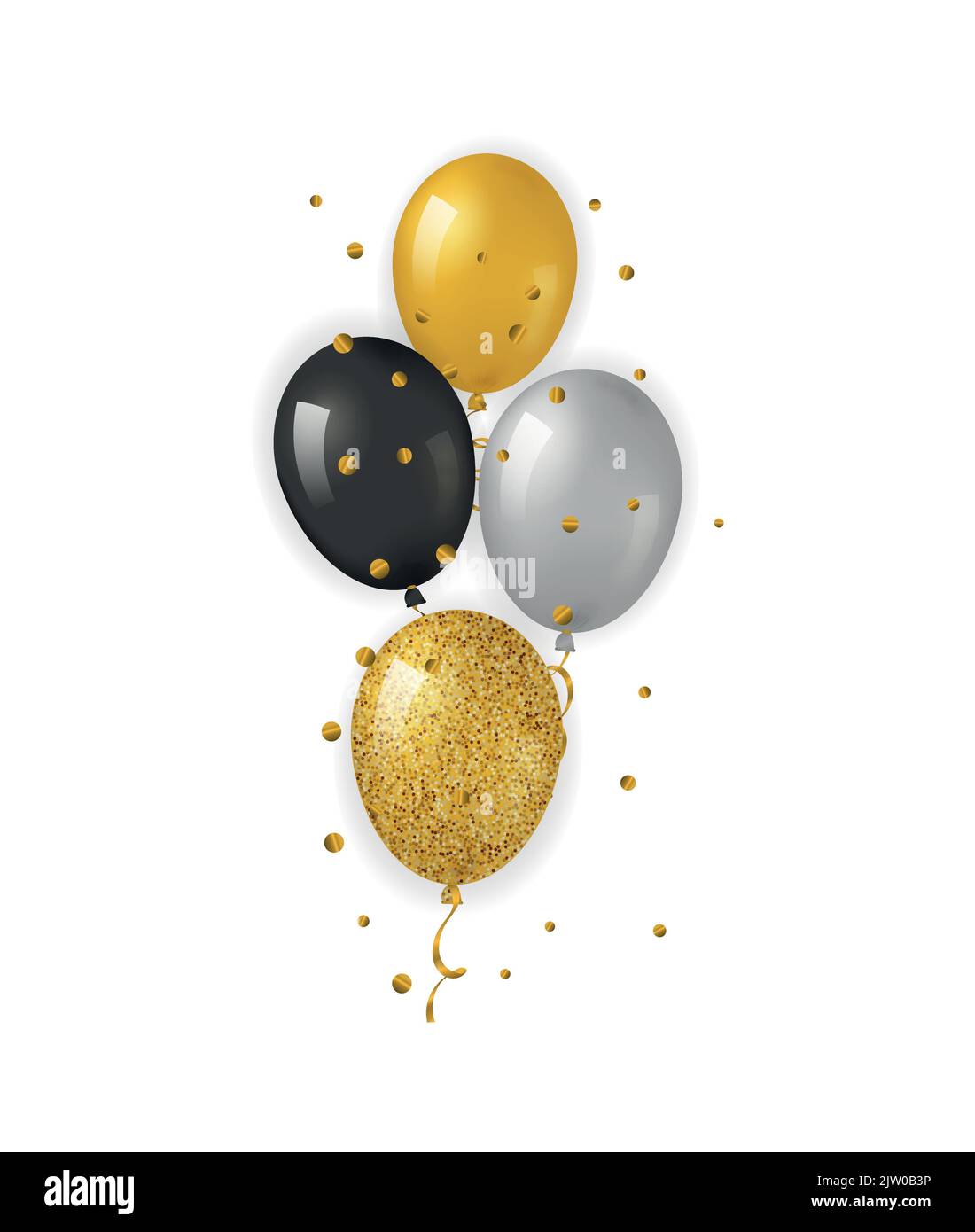 Group of realistic helium balloons with streamers, glitter and confetti ...