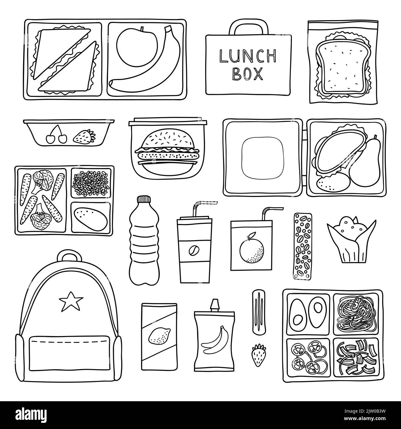 Set of hand drawn outline packed lunch boxes isolated on white ...