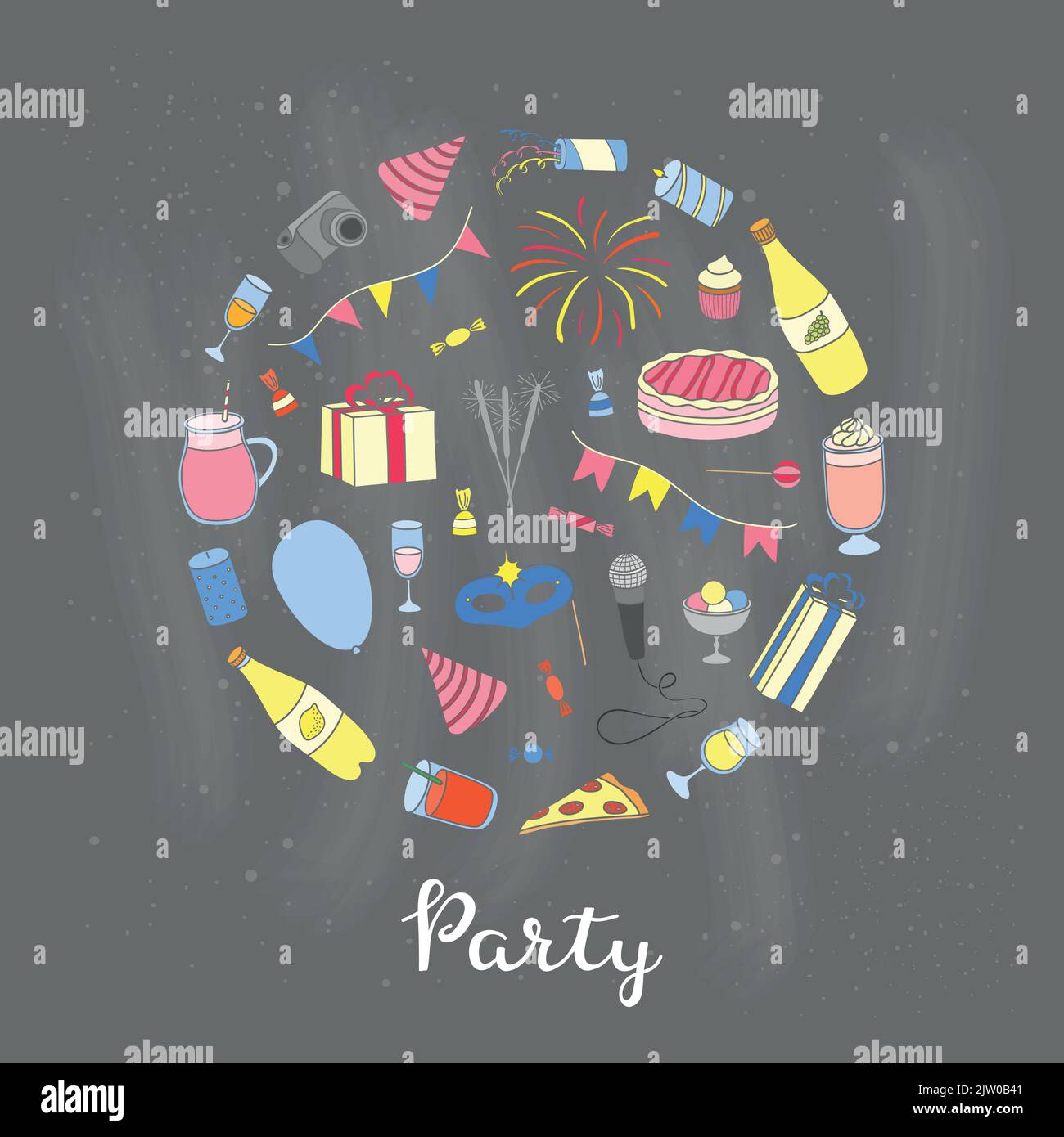 Hand drawn colored party items composed in circle shape with lettering ...