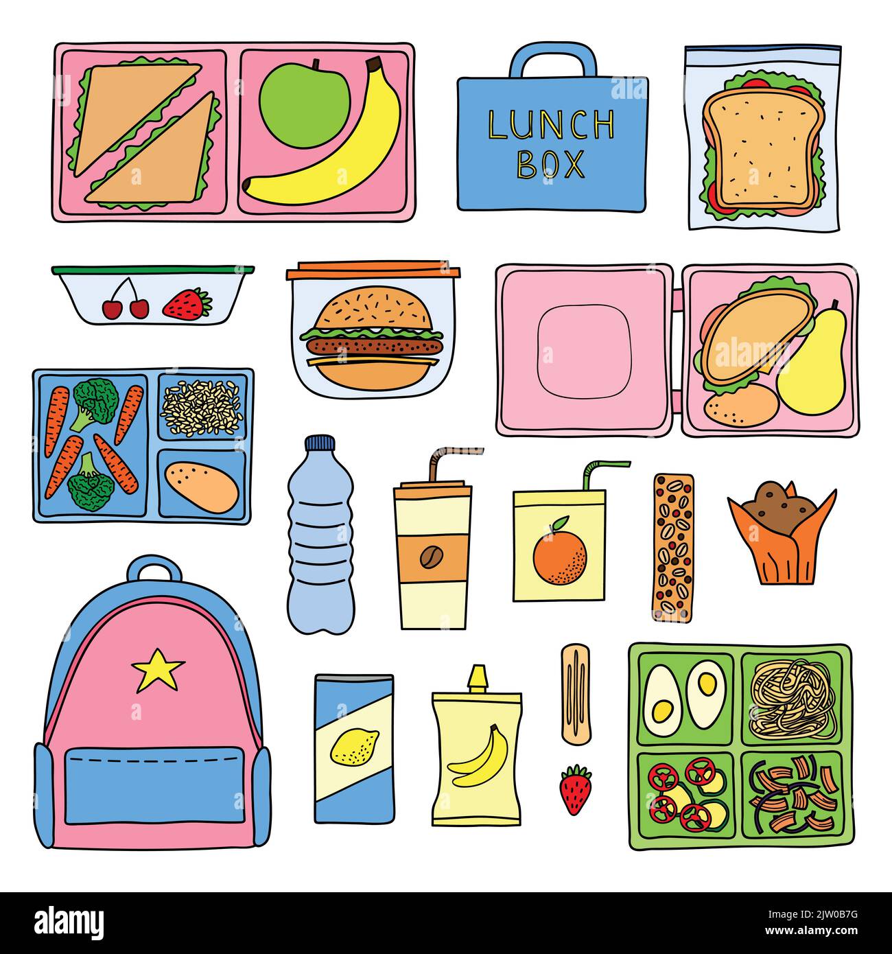 Set of hand drawn colored packed lunch boxes isolated on white ...