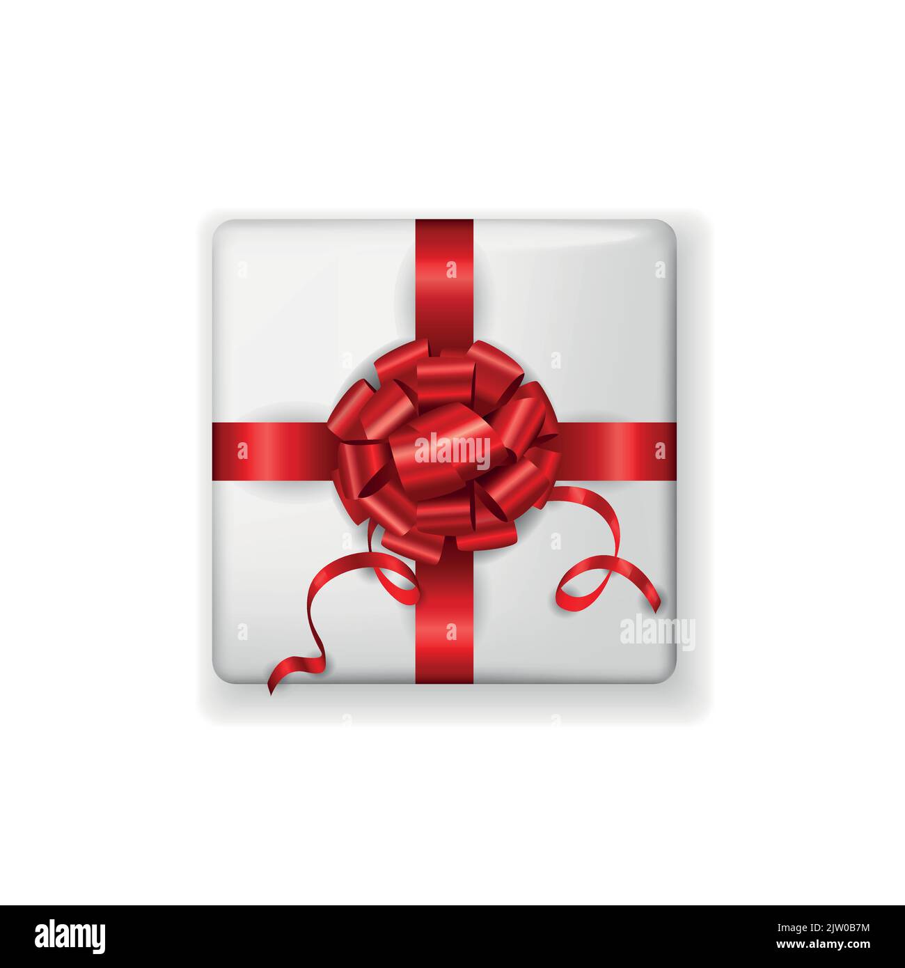 Realistic present box with glossy bow and streamers isolated on white ...