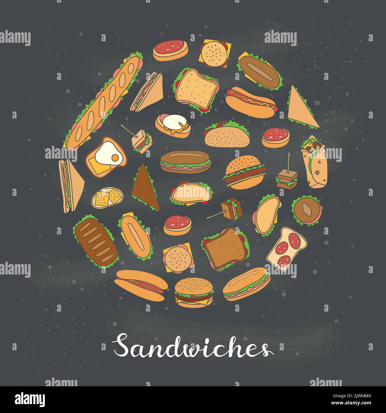 Different hand drawn colored sandwiches and burgers composed in circle ...