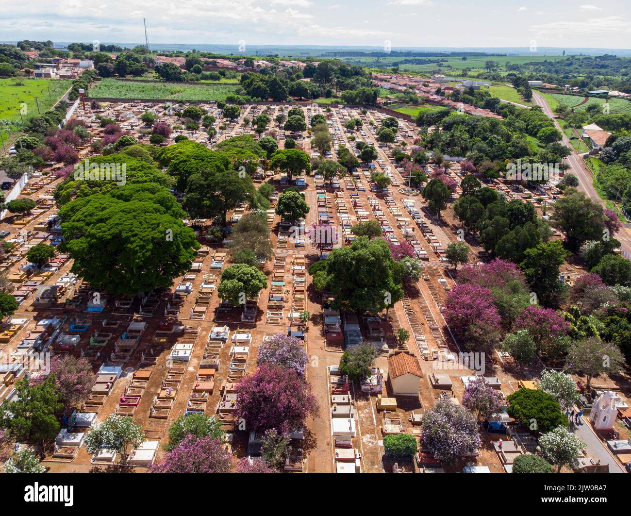 Scenic aerial flight directly above densely packed cemetery graveyard ...