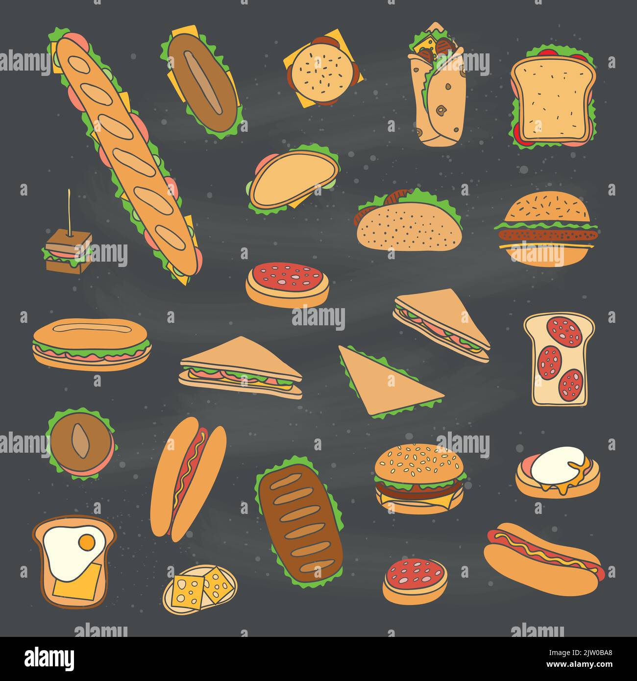 Set of different hand drawn colored sandwiches and burgers isolated on ...