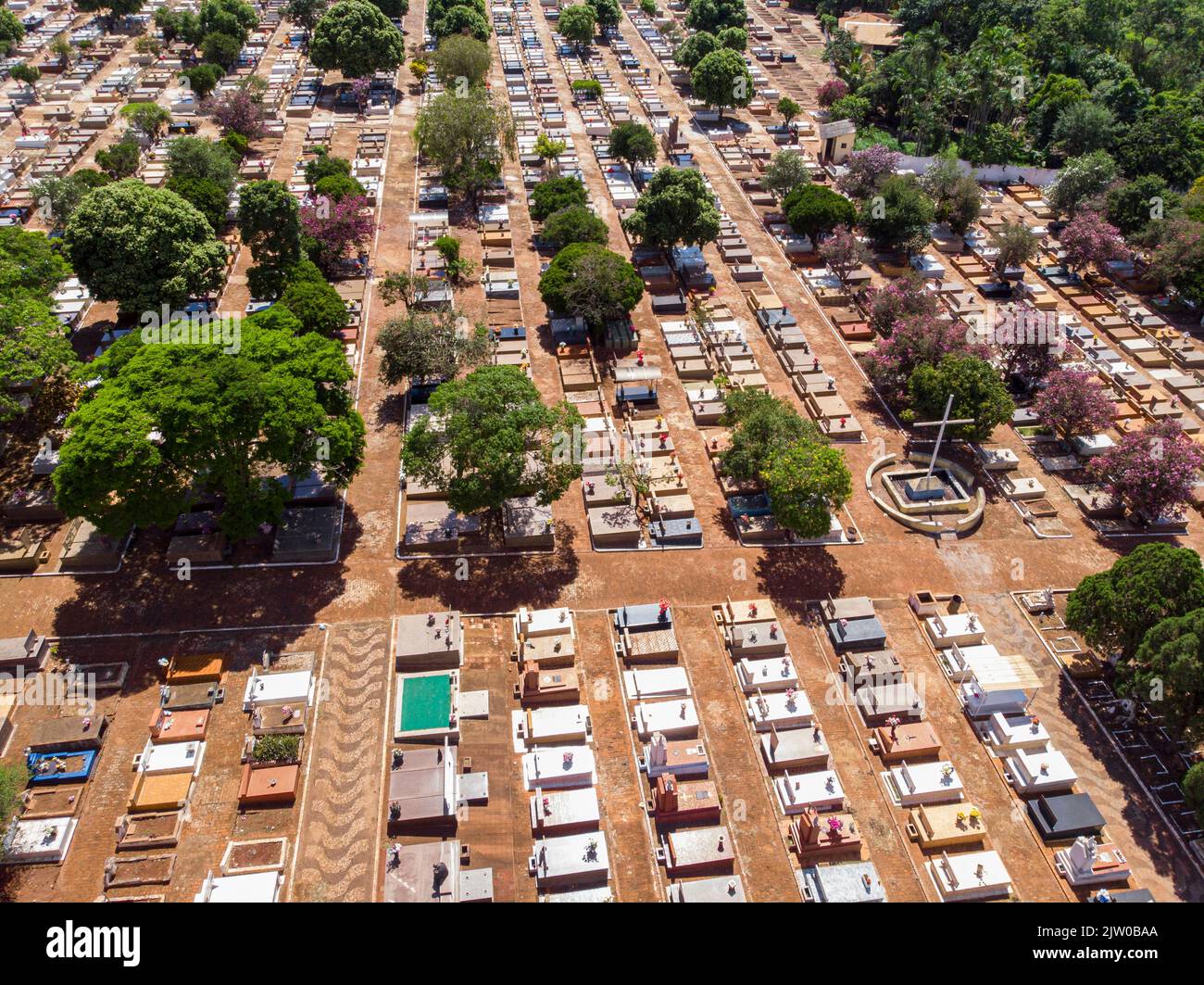 Scenic aerial flight directly above densely packed cemetery graveyard ...