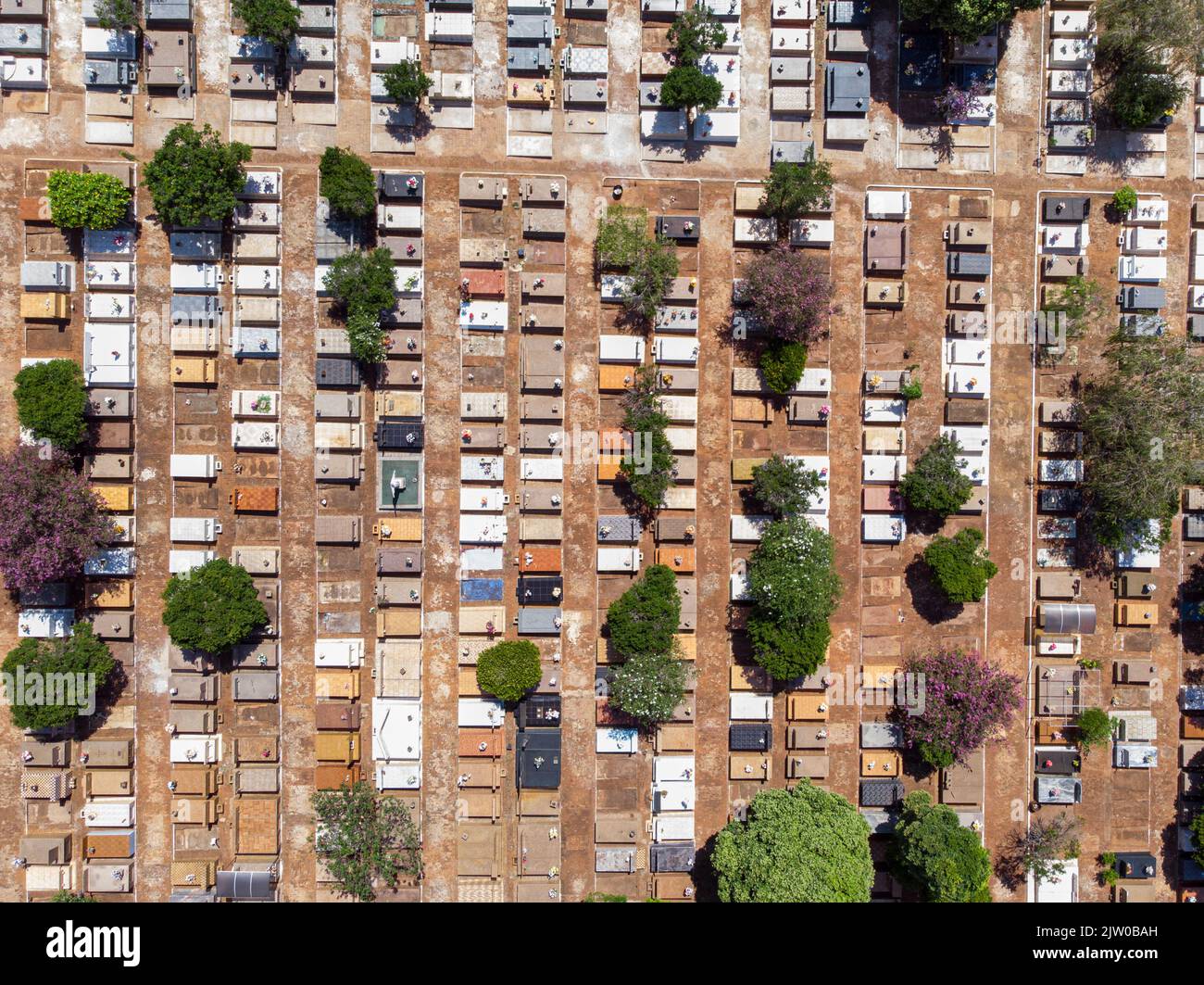 Scenic aerial flight directly above densely packed cemetery graveyard ...