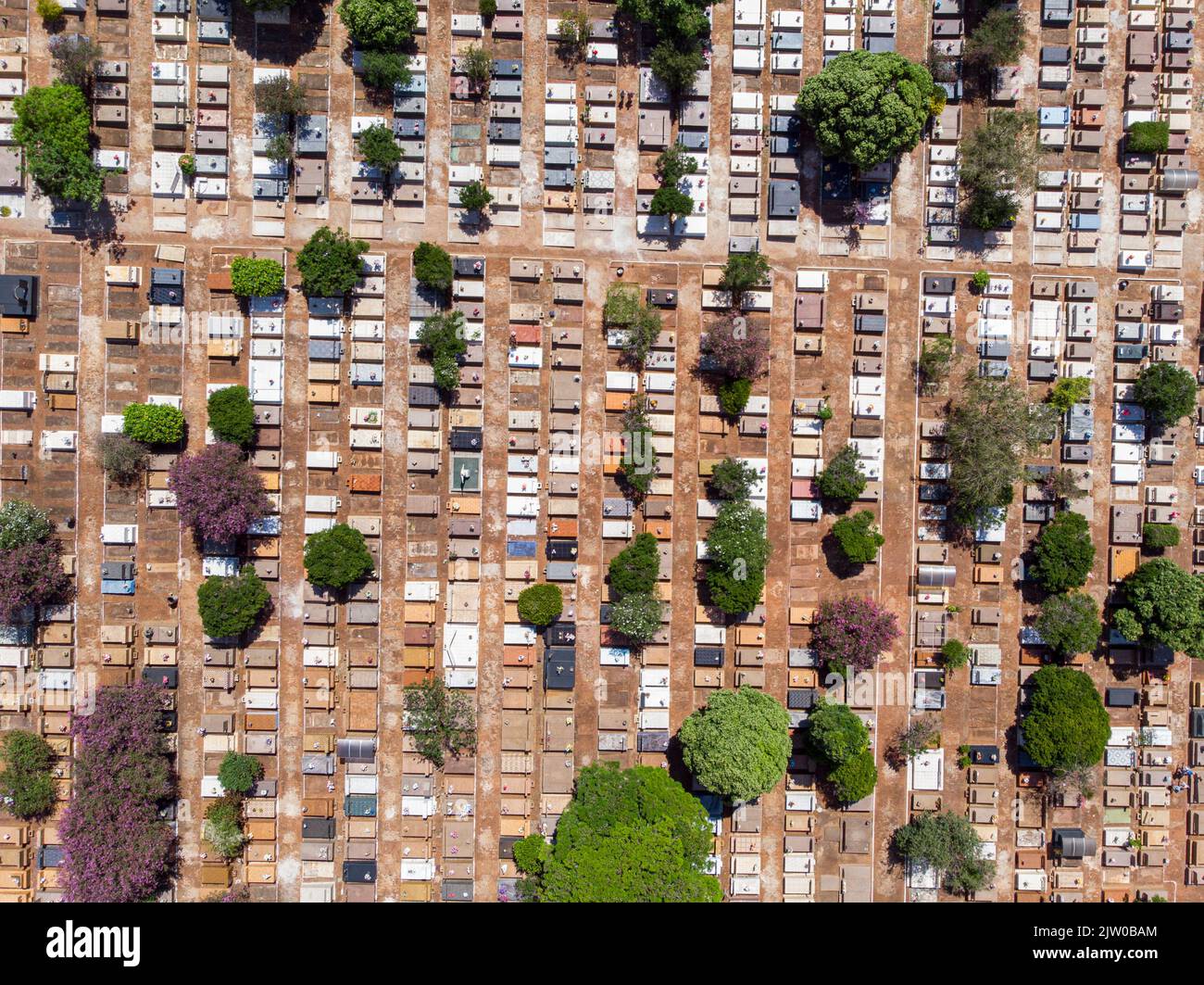Scenic aerial flight directly above densely packed cemetery graveyard ...