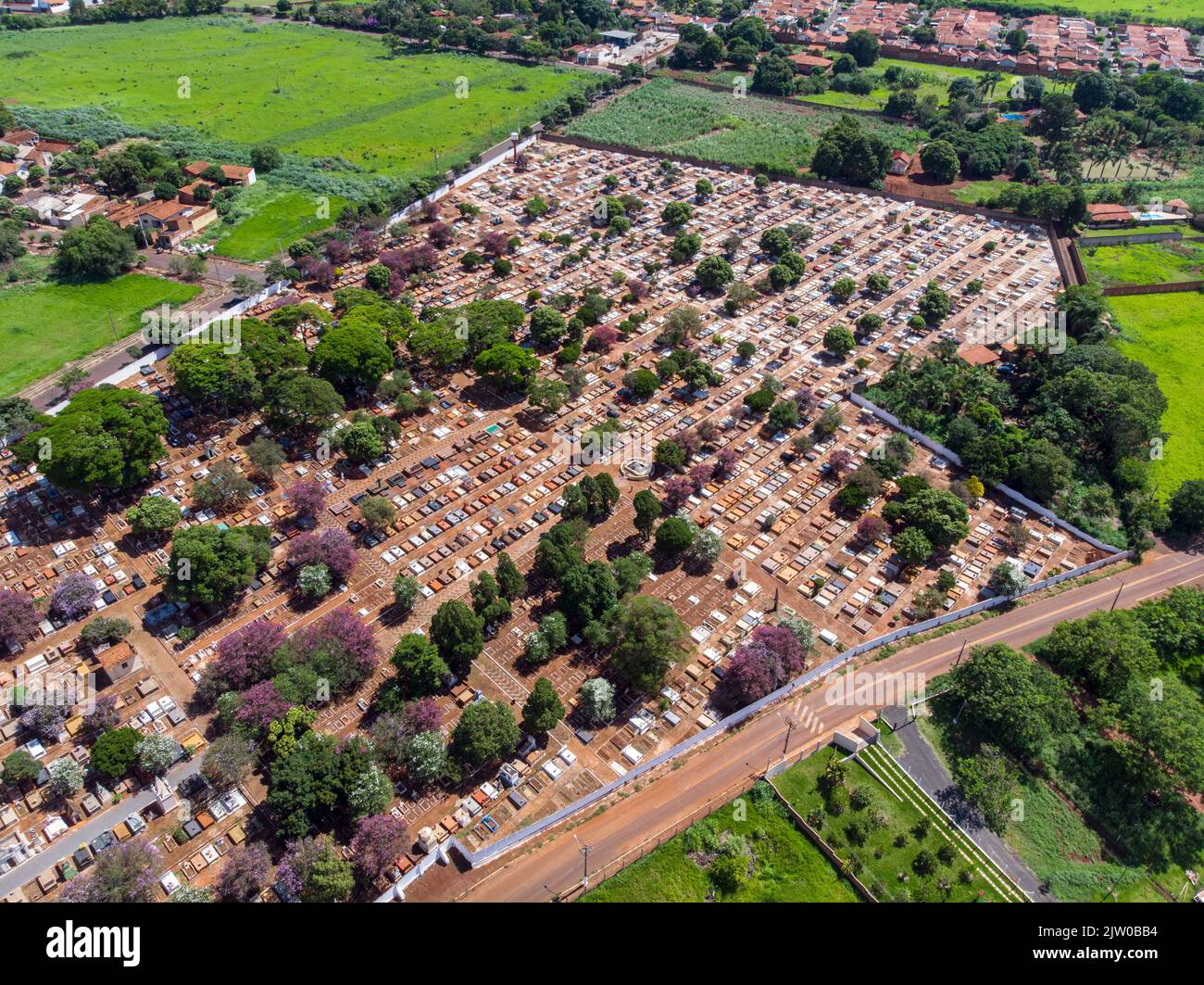 Scenic aerial flight directly above densely packed cemetery graveyard ...