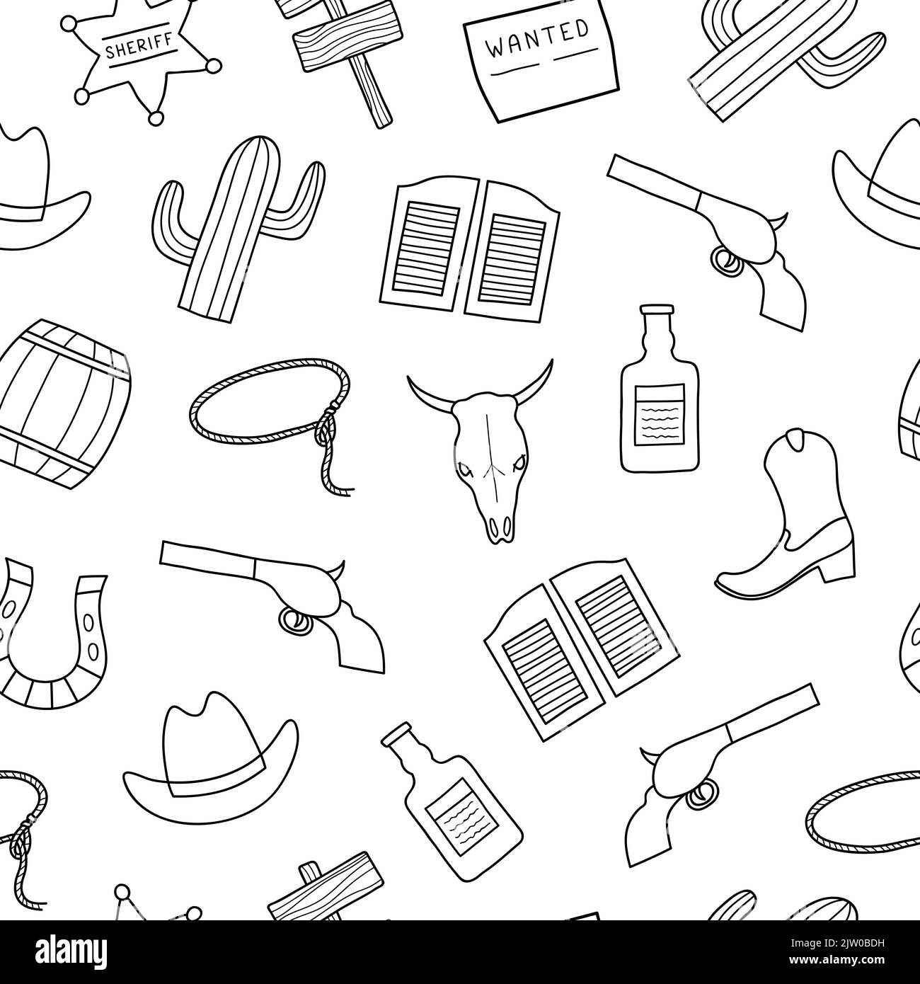 Black and white seamless pattern with hand drawn outline Wild West ...