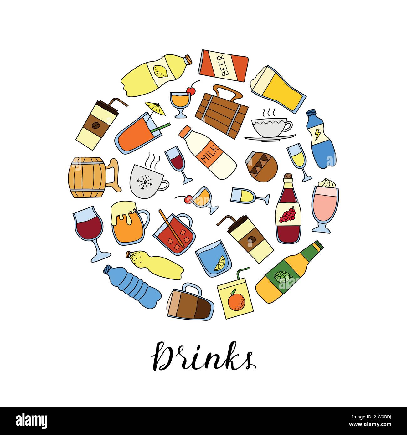 Different doodle colorful liquid drinks composed in circle shape with ...