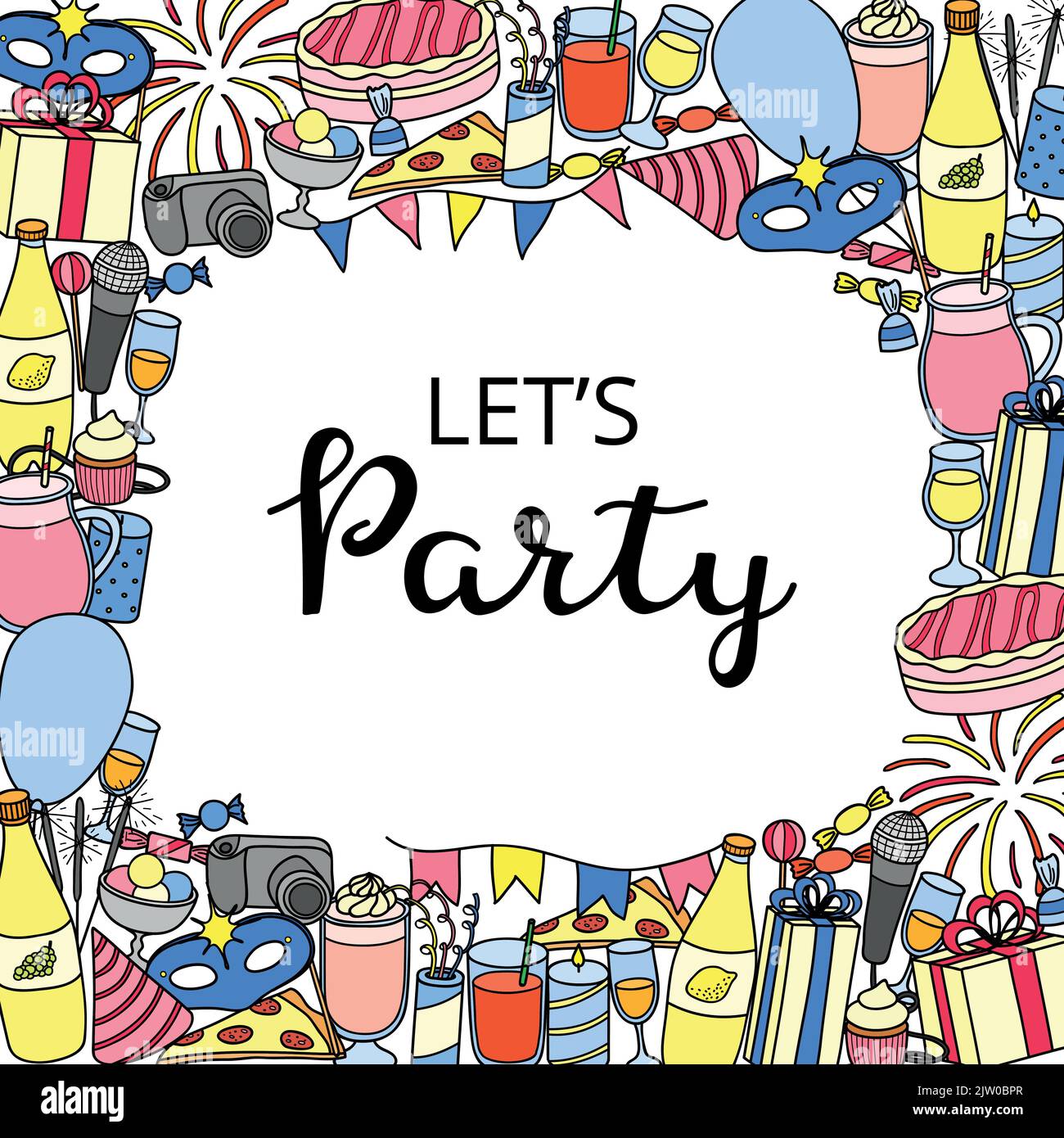 Square background with hand drawn colored party elements and lettering ...