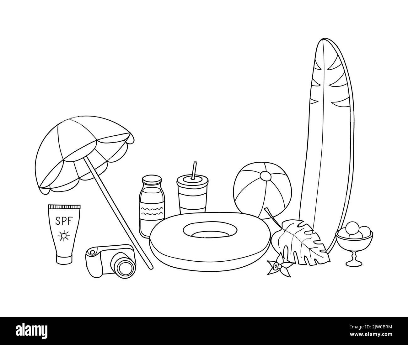 Composition of hand drawn outline summer beach items isolated on white ...