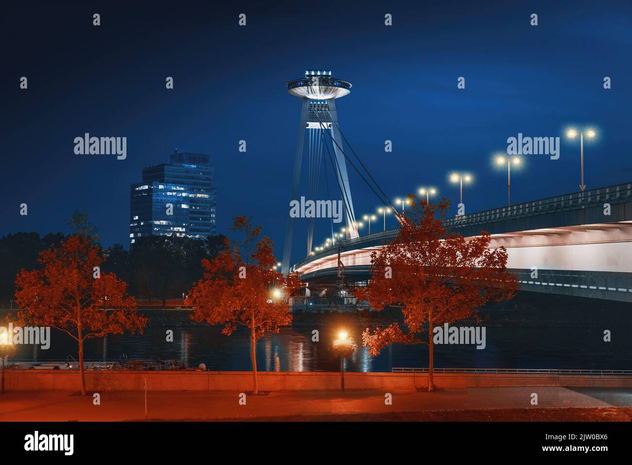 SNP Bridge and UFO Tower at night - Bratislava, Slovakia Stock Photo ...