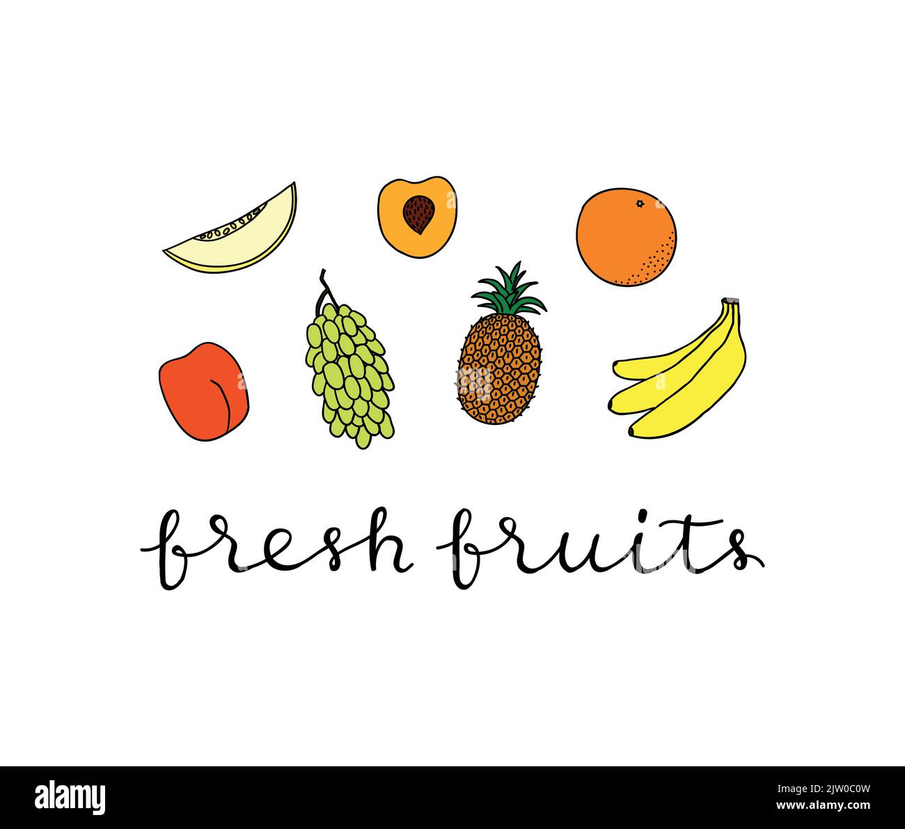 Composition with hand drawn colored fruits and lettering on white ...
