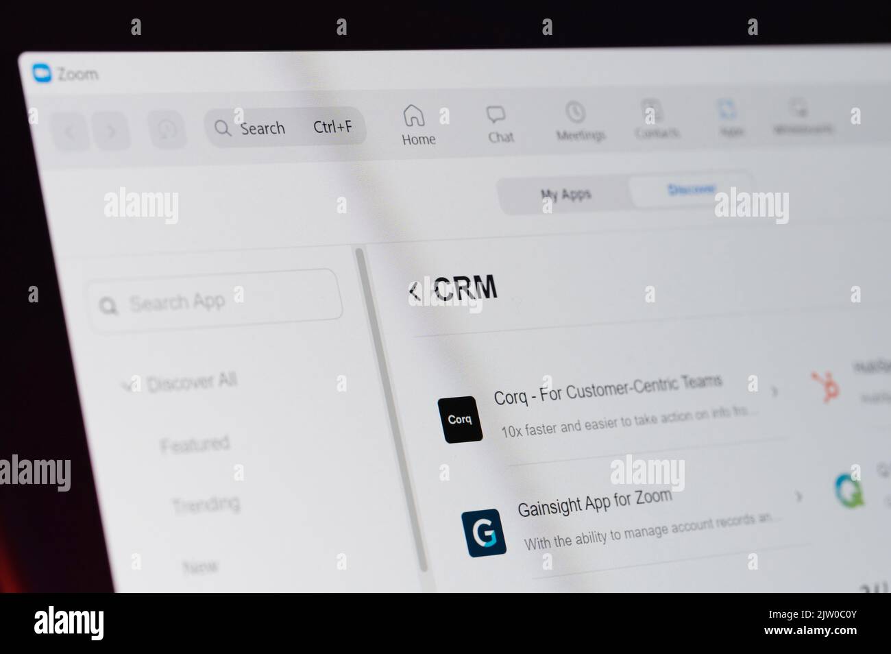 New york, USA - september 1, 2022: Crm addon for zoom app on laptop screen macro close up view ...